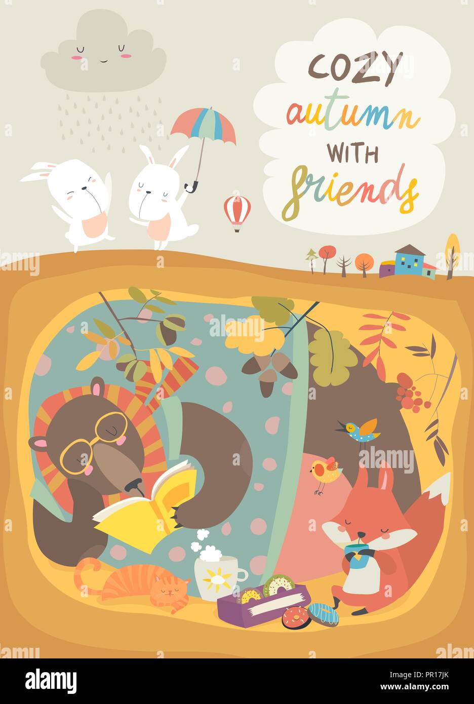 Cute animals reading book in den. Hello autumn Stock Vector Image & Art ...