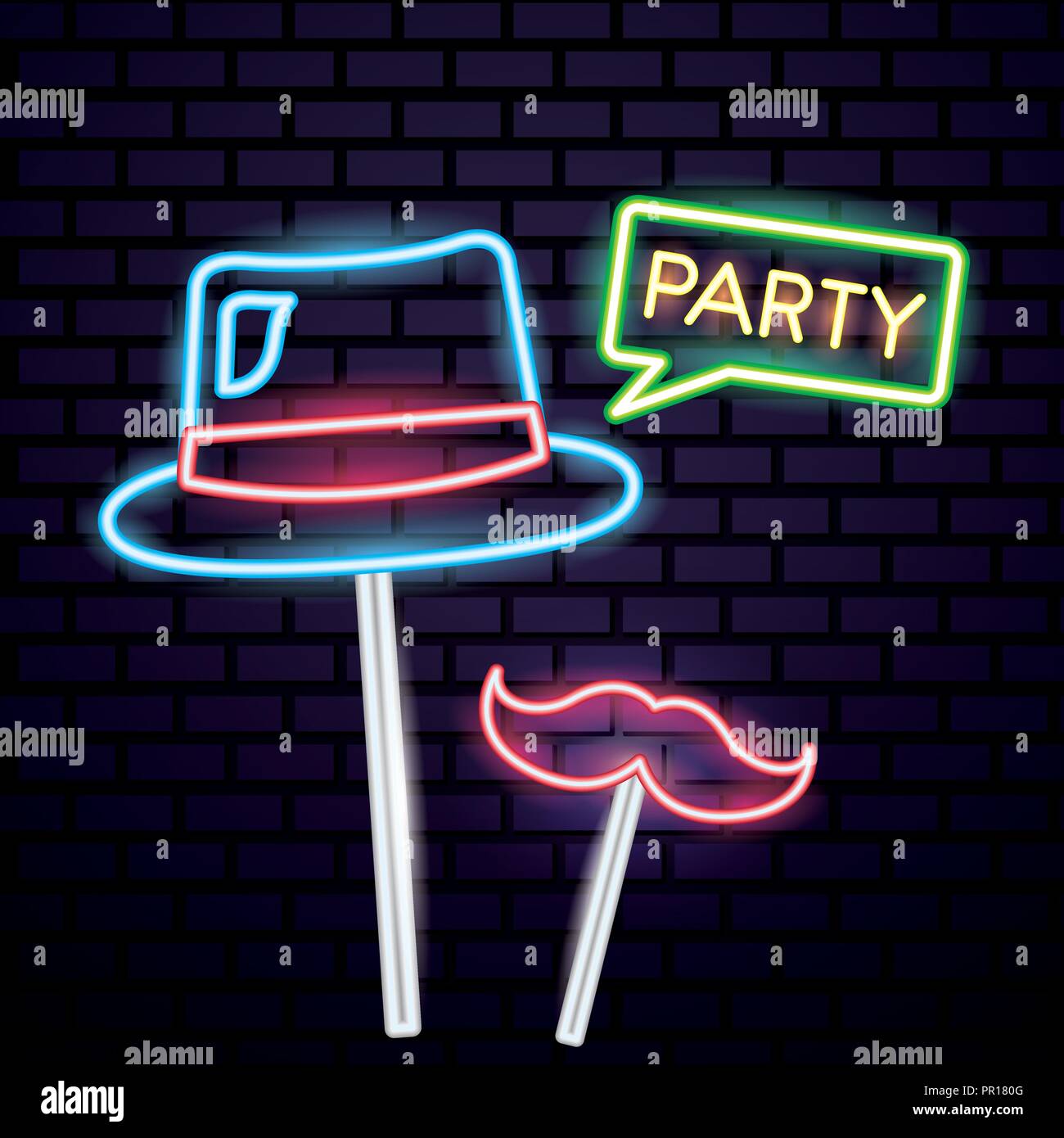 party mask night traditional hat neon moustache sticks vector ...