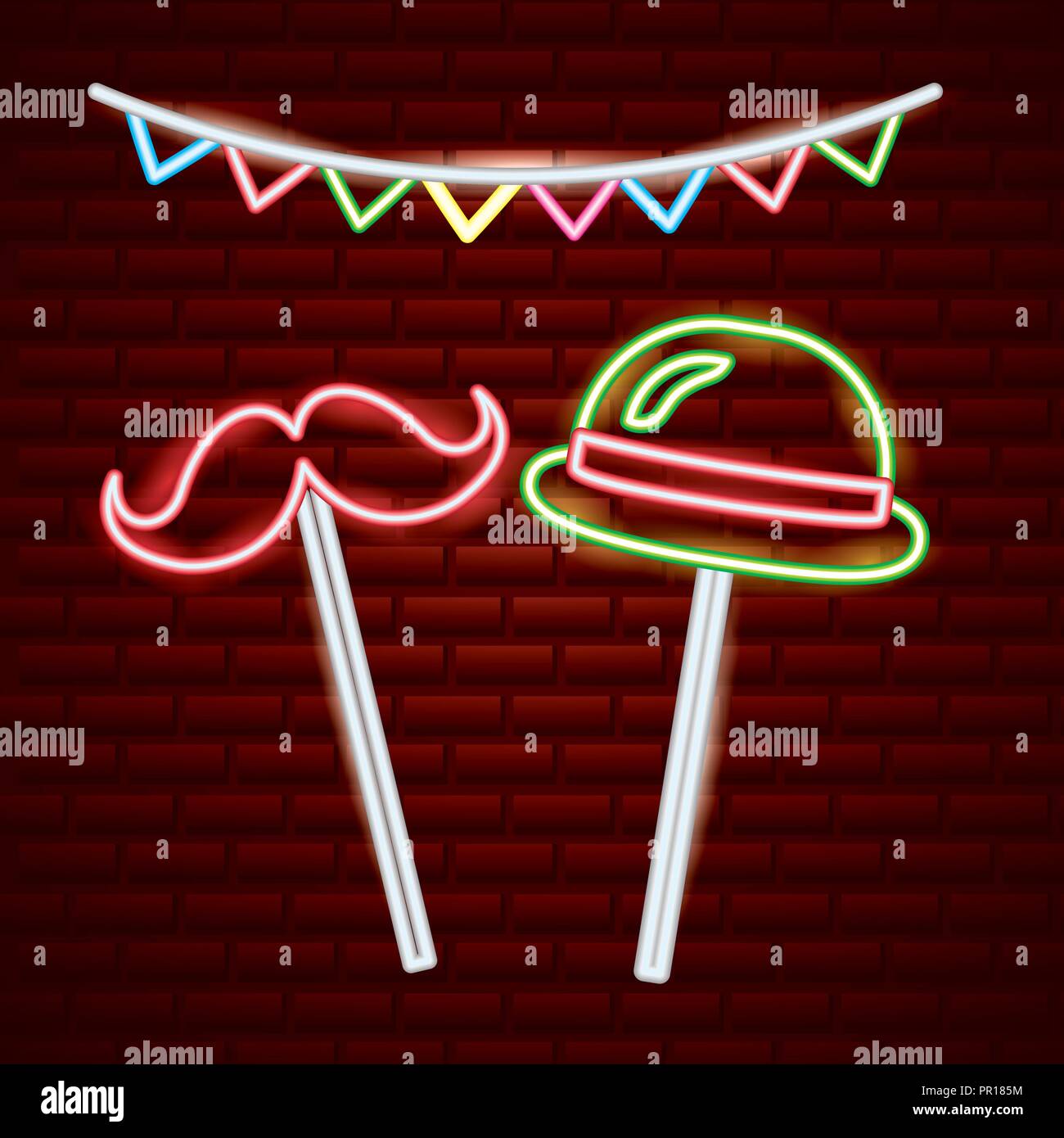 party mask night pennants sticks neon moustache hat vector illustration ...