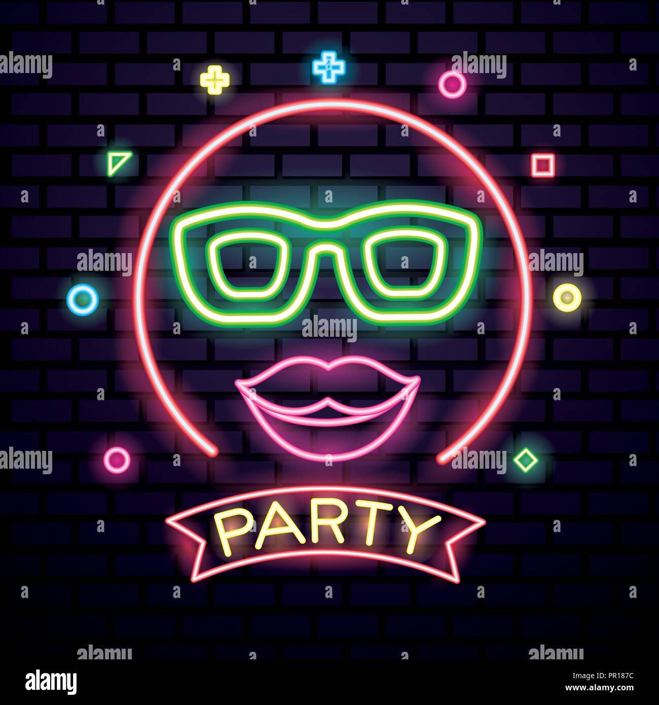 party mask night neon mouth and glasses symbols background vector ...