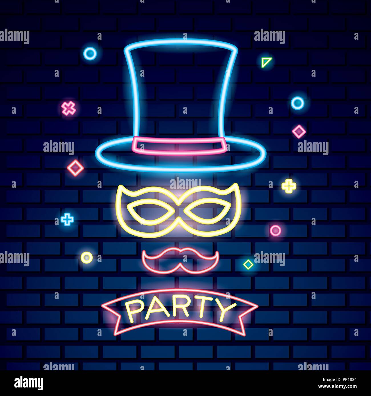 party mask night traditional hat blanket moustache neon symbols vector ...