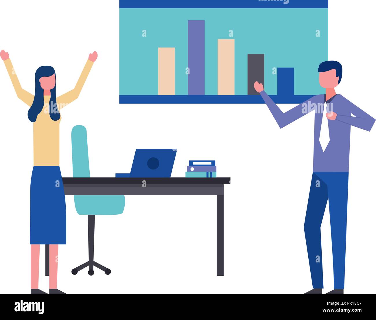 workers man and woman office statistics report desk computer vector ...