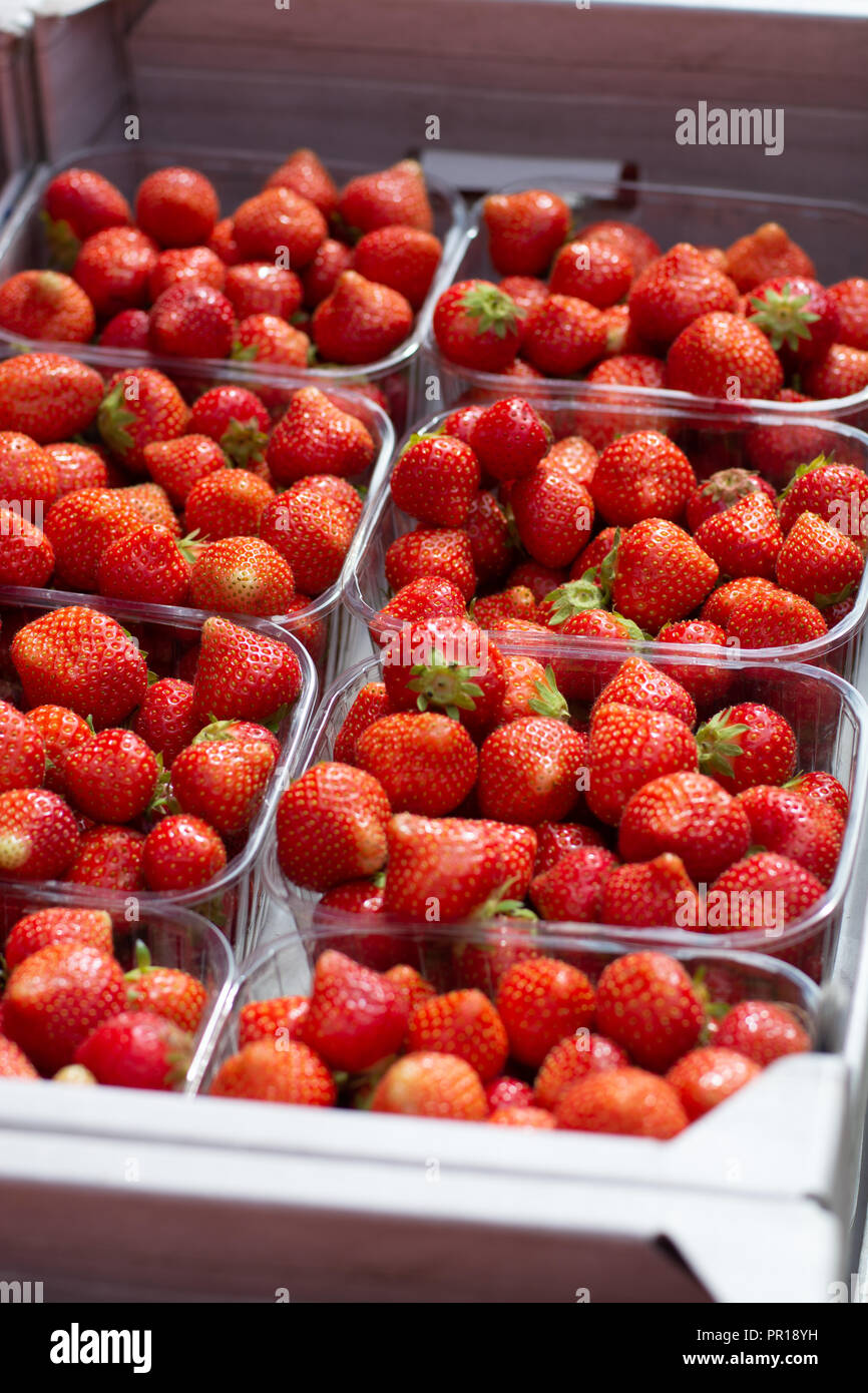 Fresh ripe new harvest red strawberry in plastic boxes on street market ...