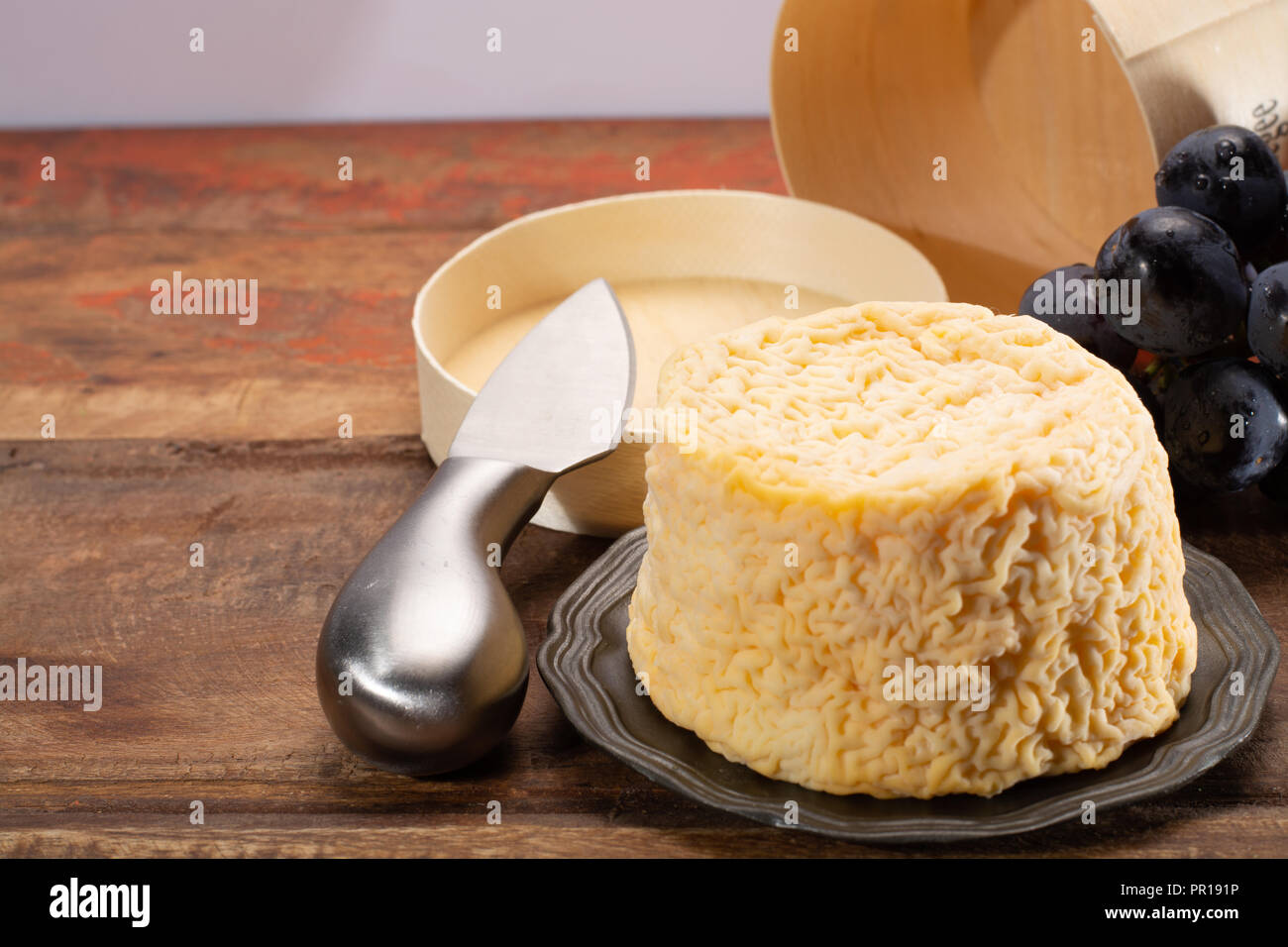 French Langres soft cows crumbly cheese with washed rind structure made ...