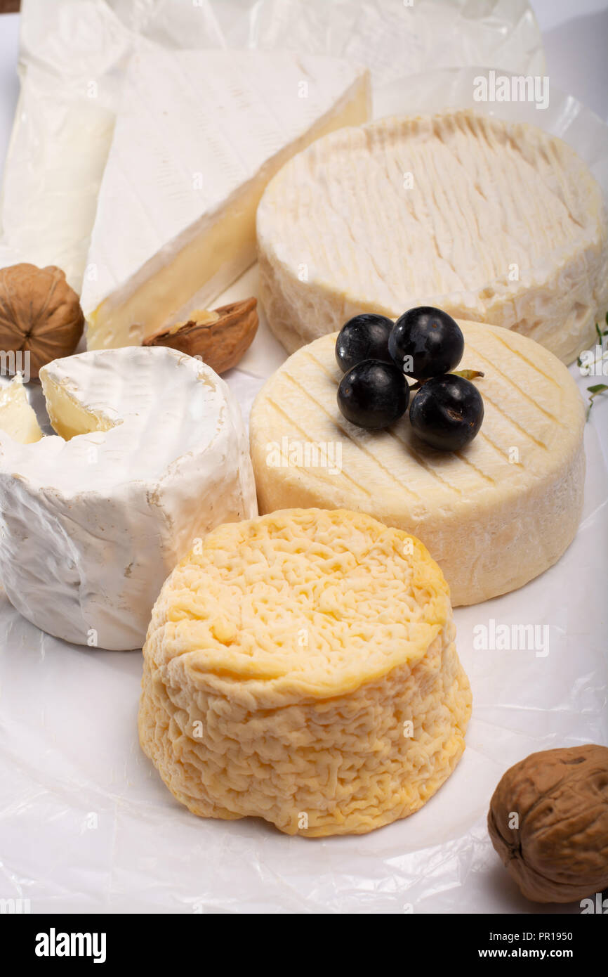French AOC soft cow cheeses, crumbly Langres with washed rind structure ...
