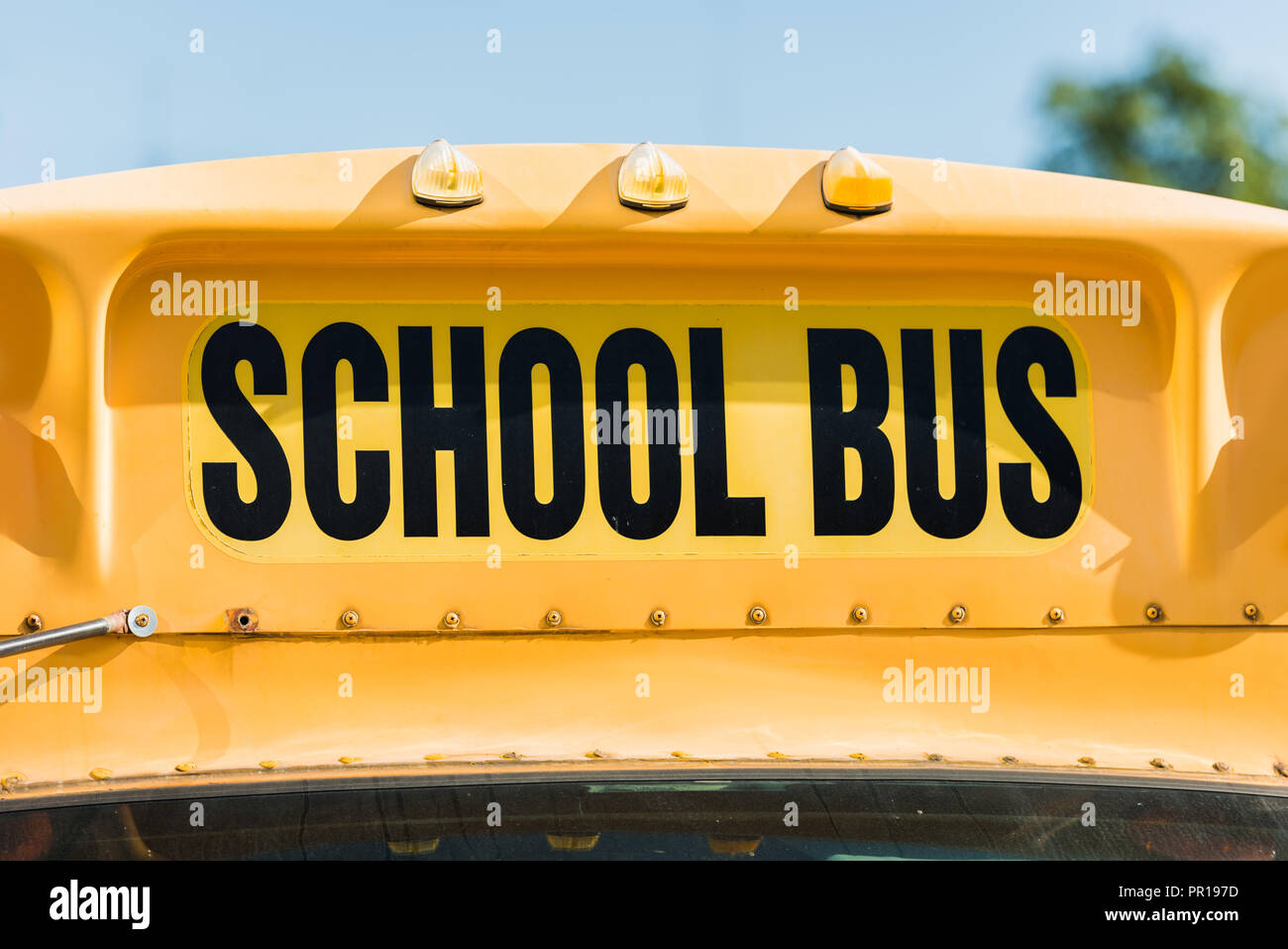 close-up shot of school bus inscription over front window of bus Stock ...