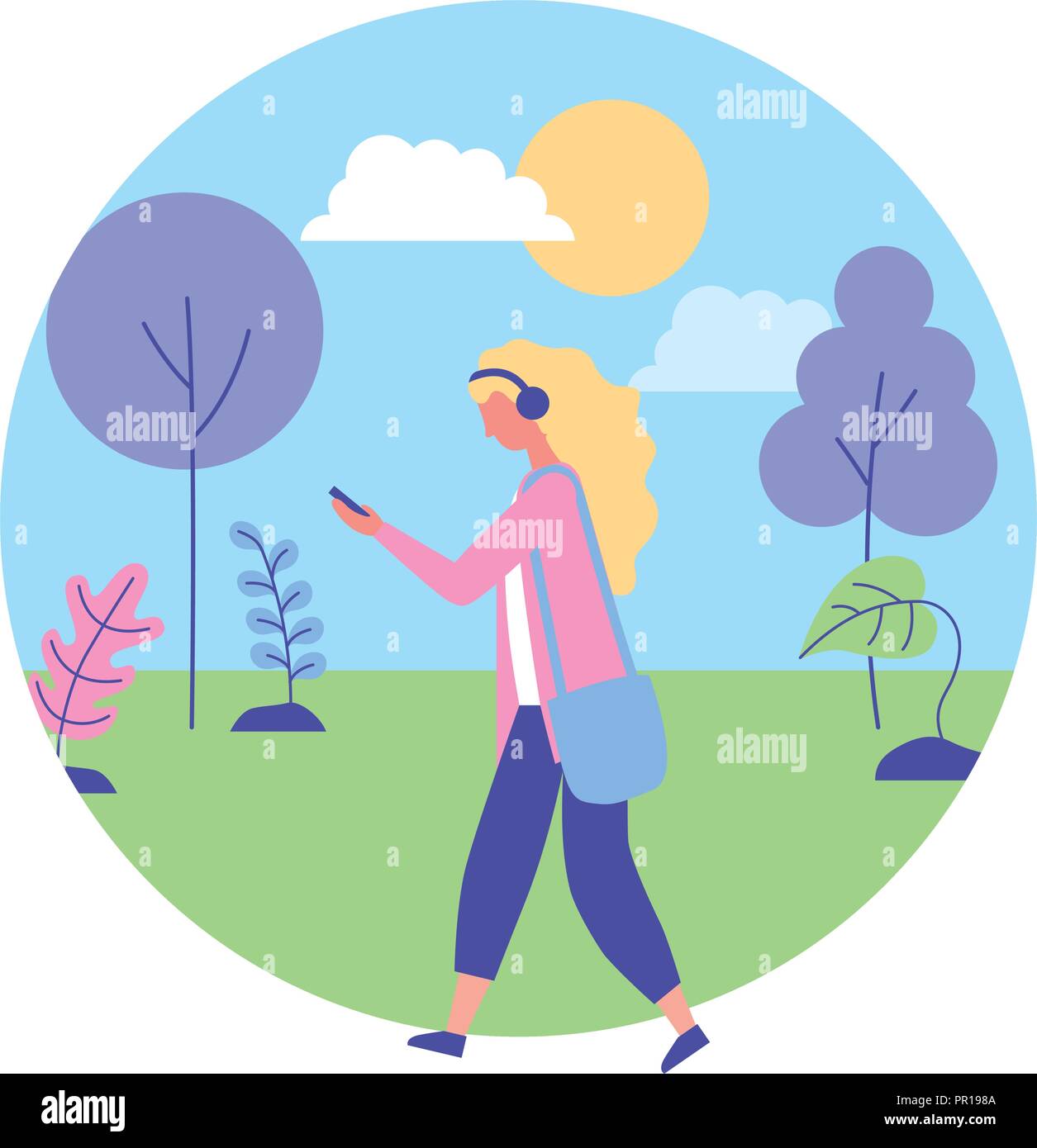 woman using cellphone in the landscape nature vector illustration Stock ...