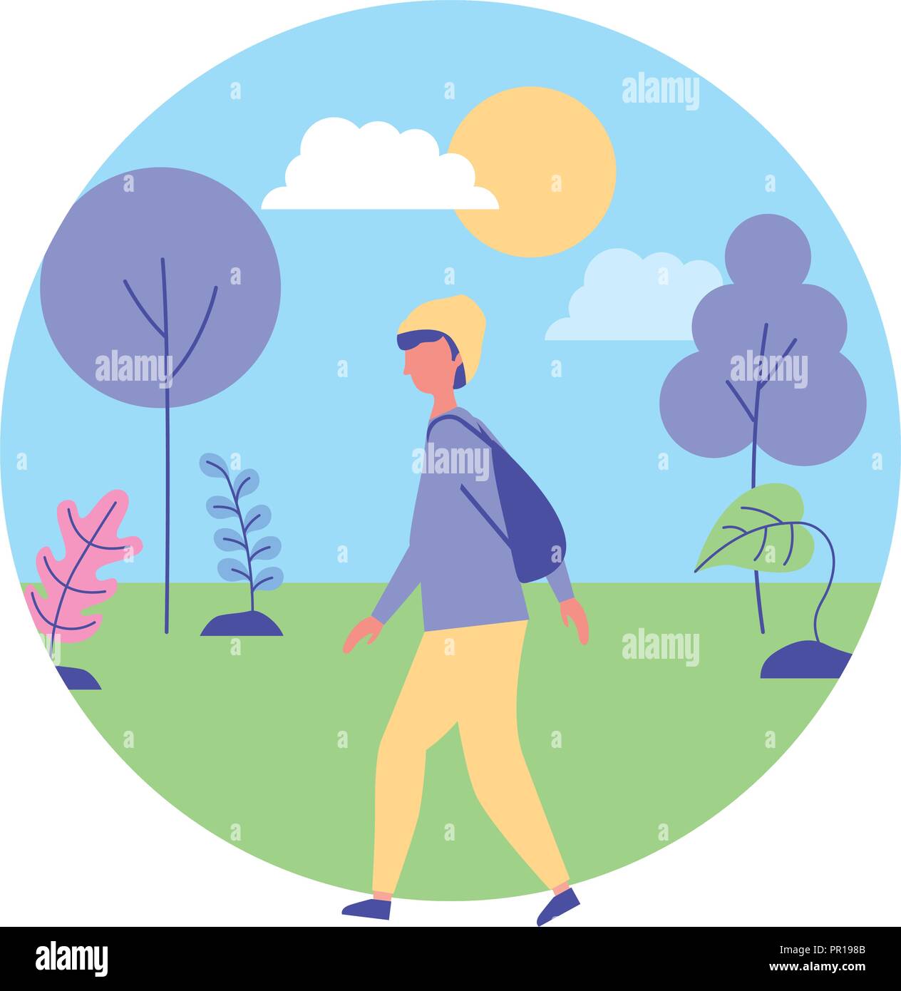 young man walking in the outdoors landscape vector illustration Stock ...