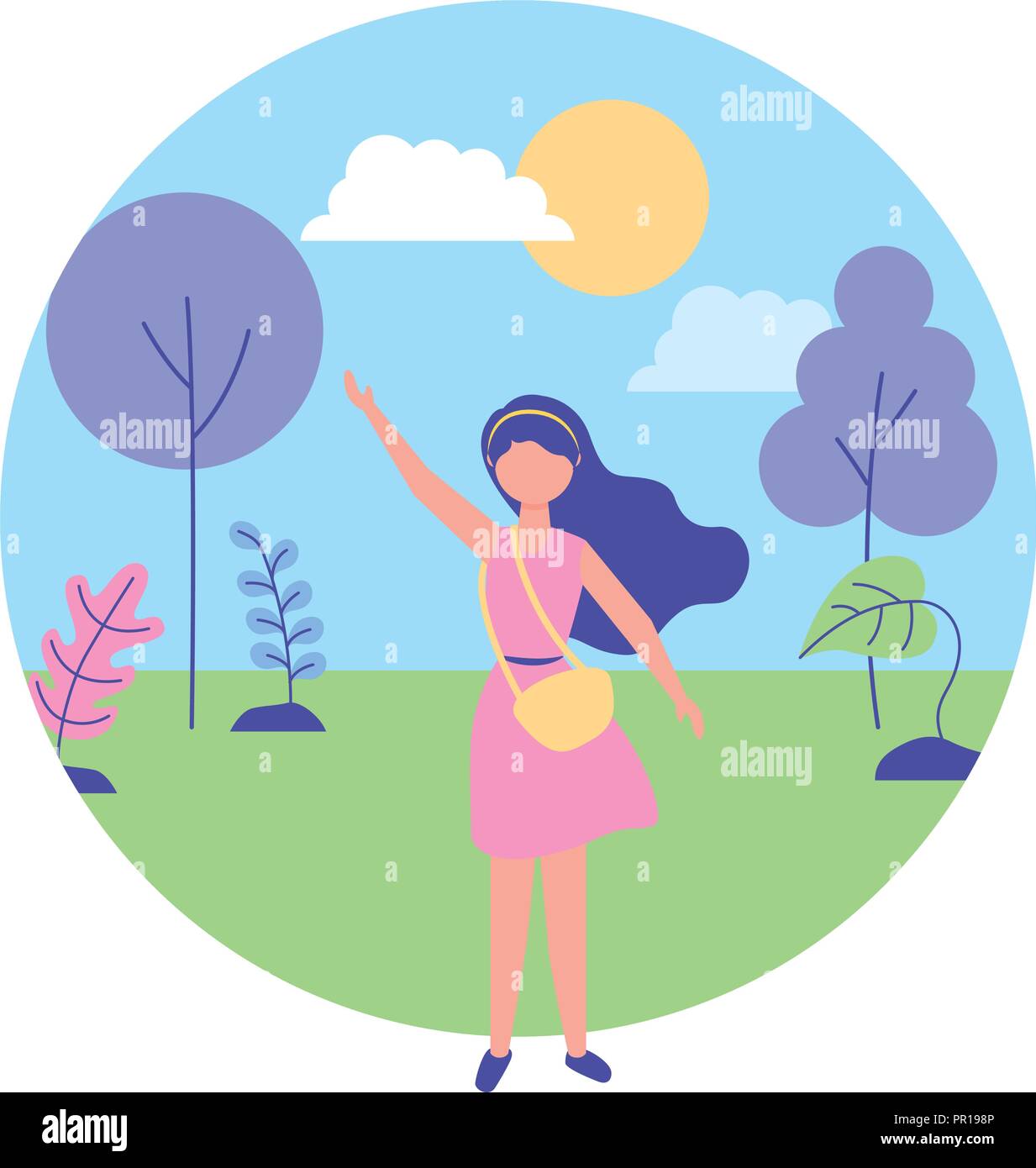woman waving hand in the outdoors landscape vector illustration Stock ...
