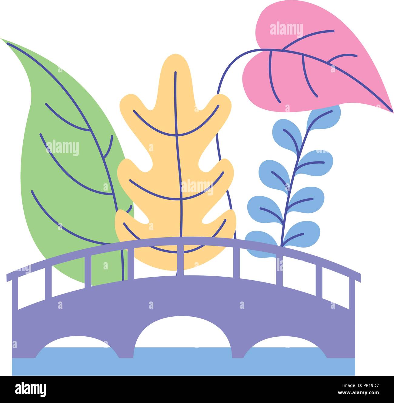 wooden bridge nature plants leaves foliage vector illustration Stock ...