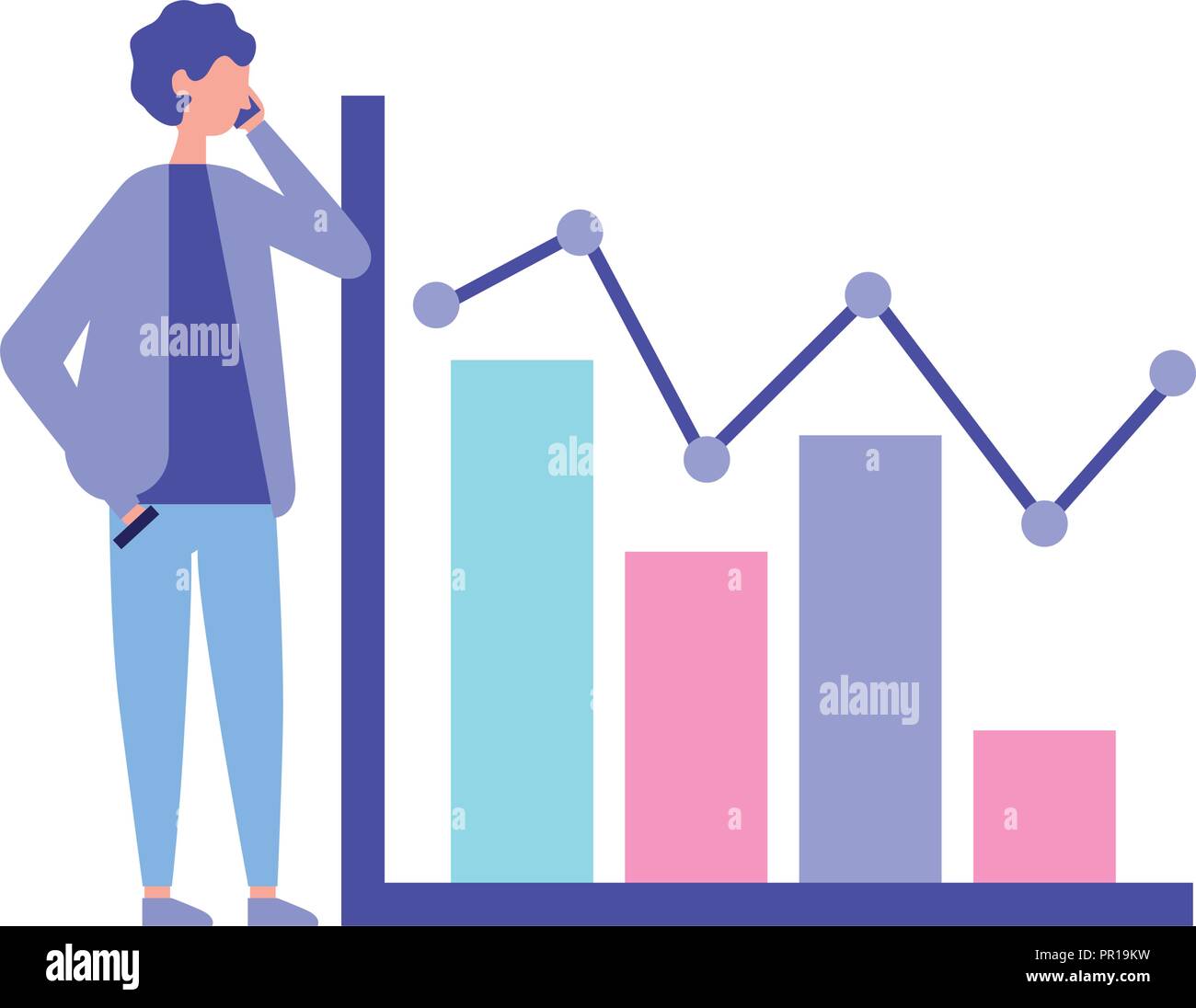 young man using smartphone with statistics chart report vector ...