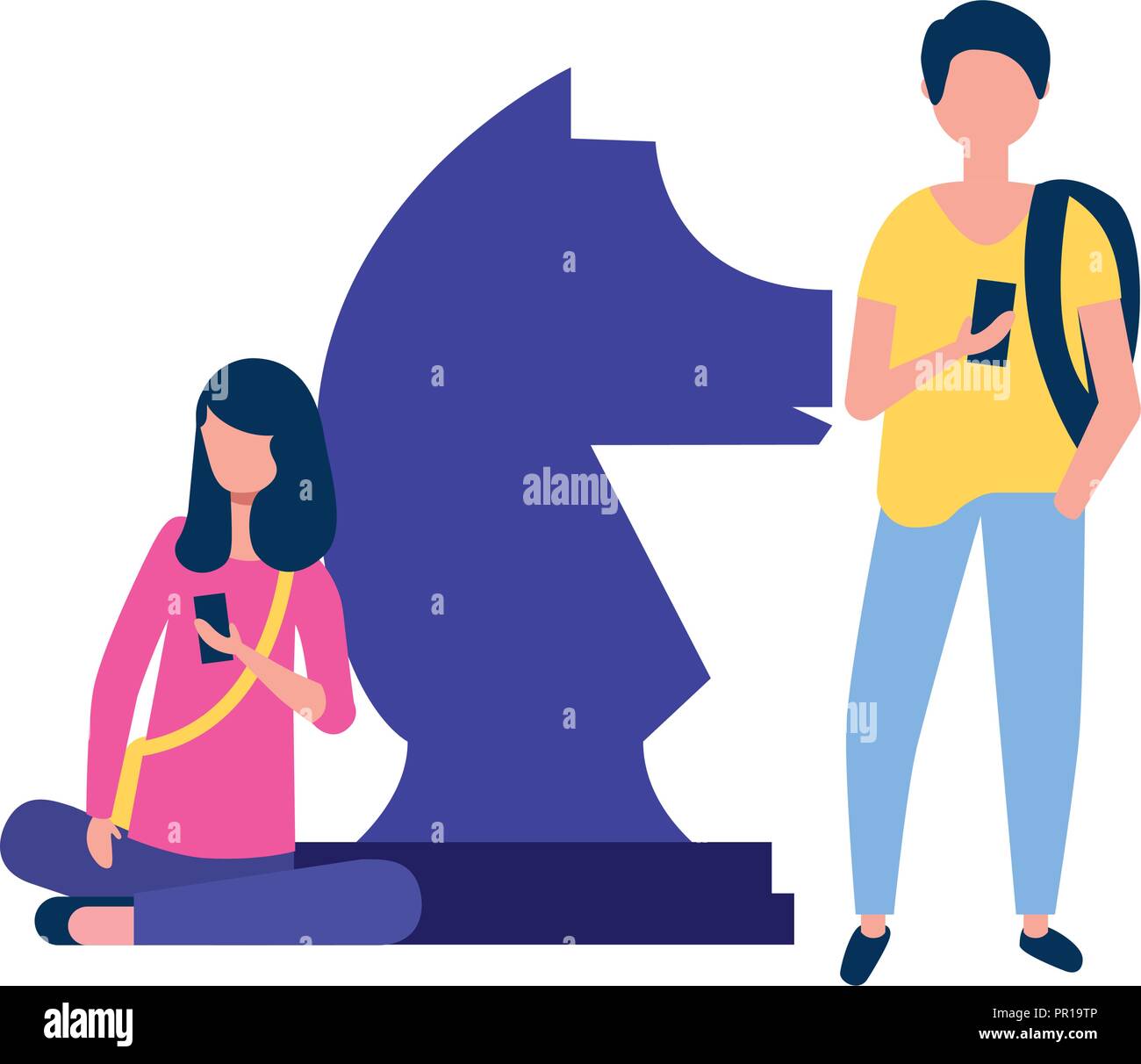 young man and woman using smartphone chess piece strategy vector ...