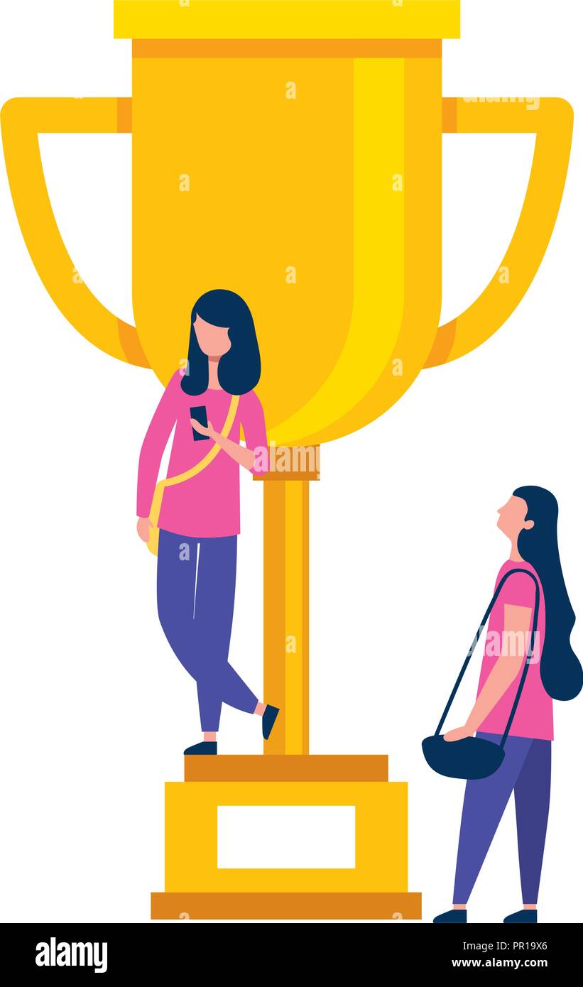 two woman with smartphone trophy award vector illustration Stock Vector ...