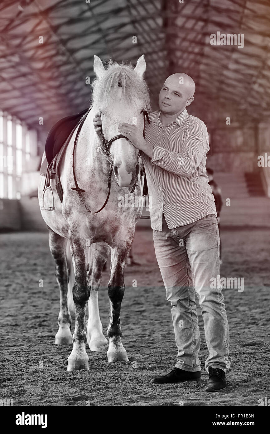 Young people on a horse training in wooden arena Stock Photo - Alamy