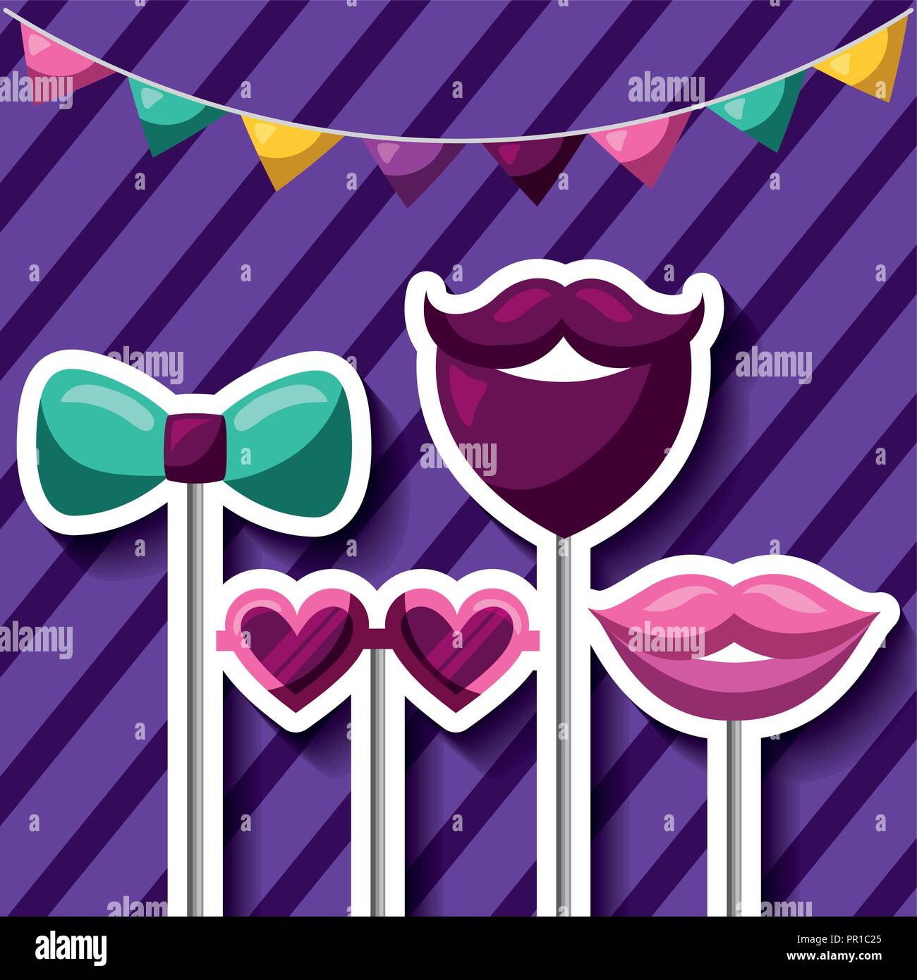 party mask night pennants mouth bow heart glasses sticks vector ...