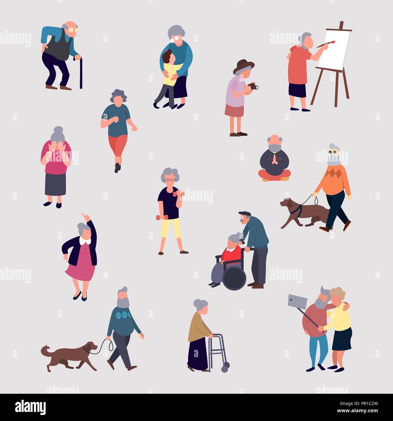 Cartoon elderly men and women performing outdoor activities on city ...