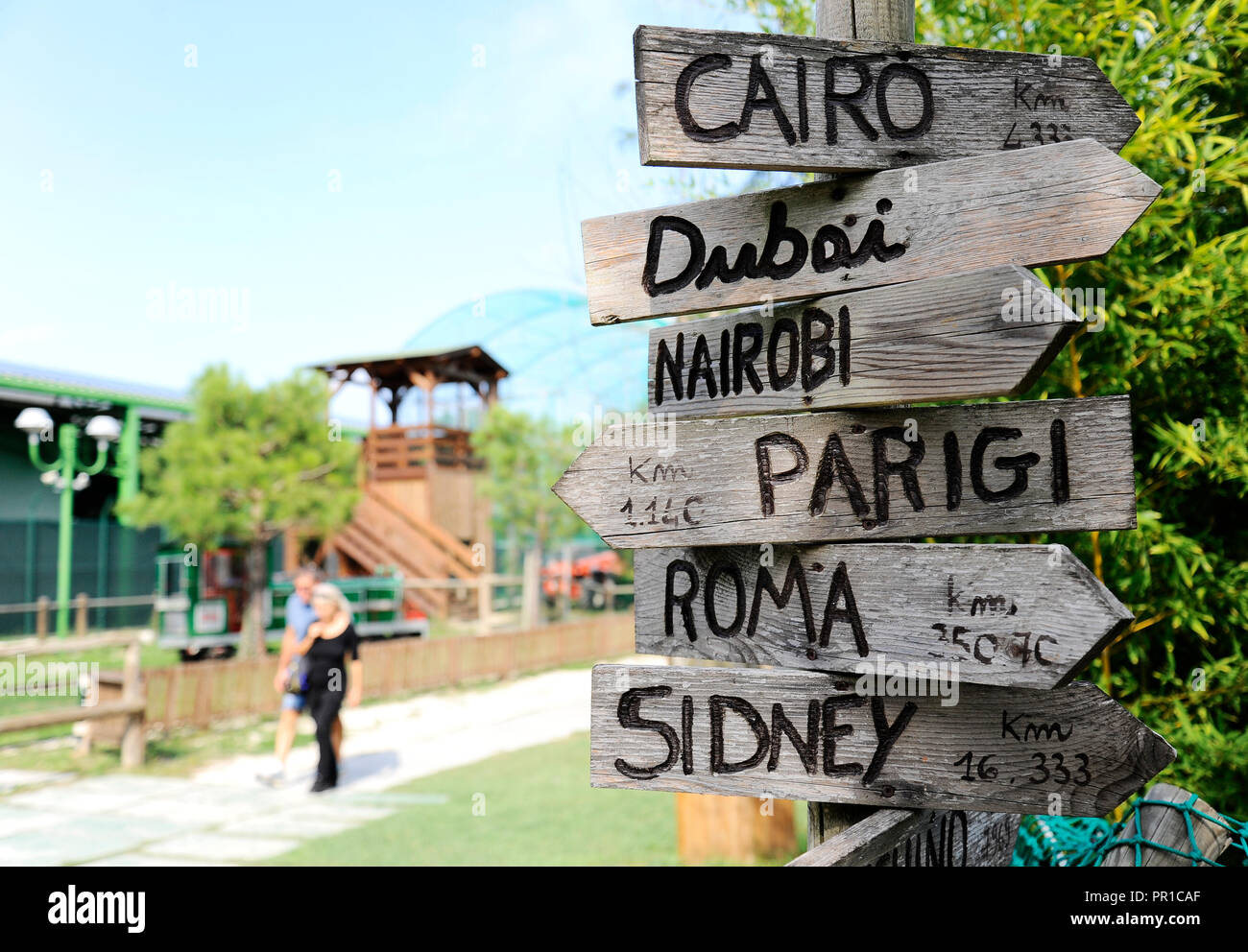 Street signs in the natural park indicating directions to different ...