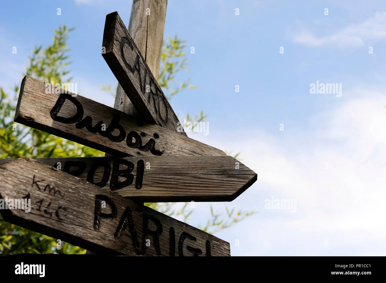 Street signs in the natural park indicating directions to different ...