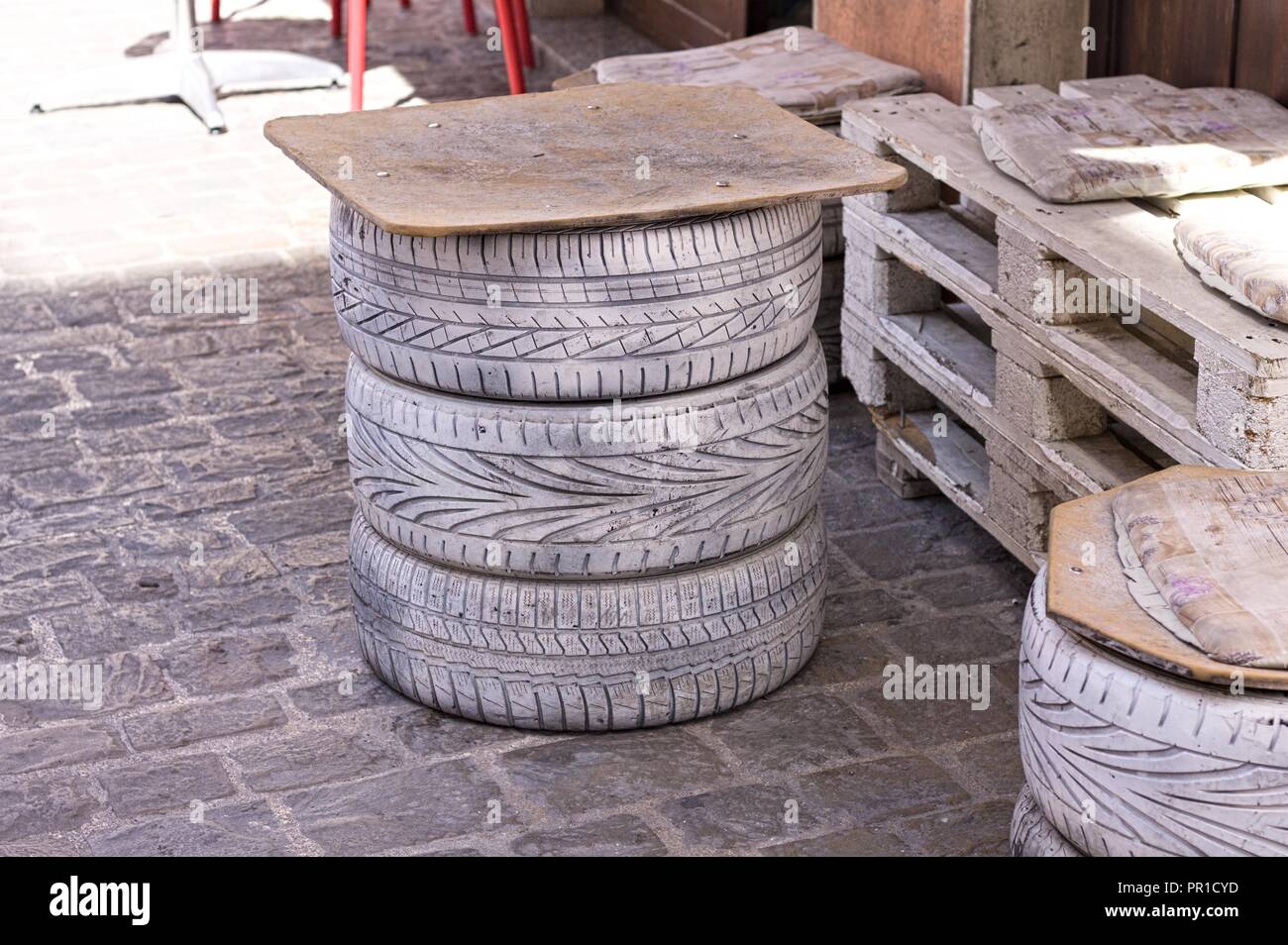 Wooden tables made with tires (Marche, Italy, Europe Stock Photo - Alamy