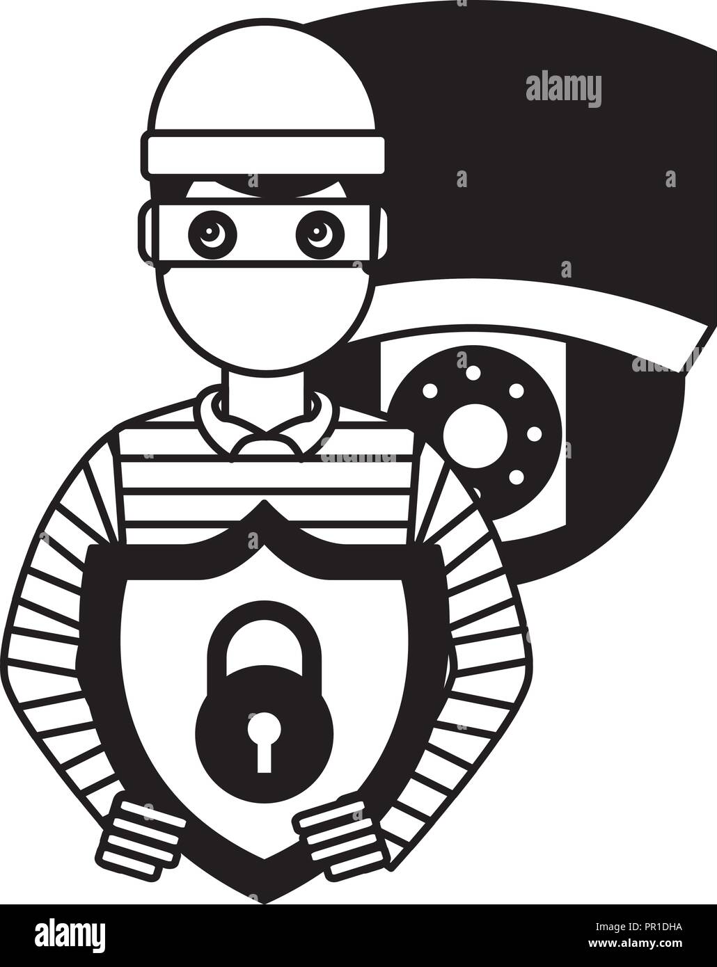 hacker thief holding shield protection camera surveillance vector ...