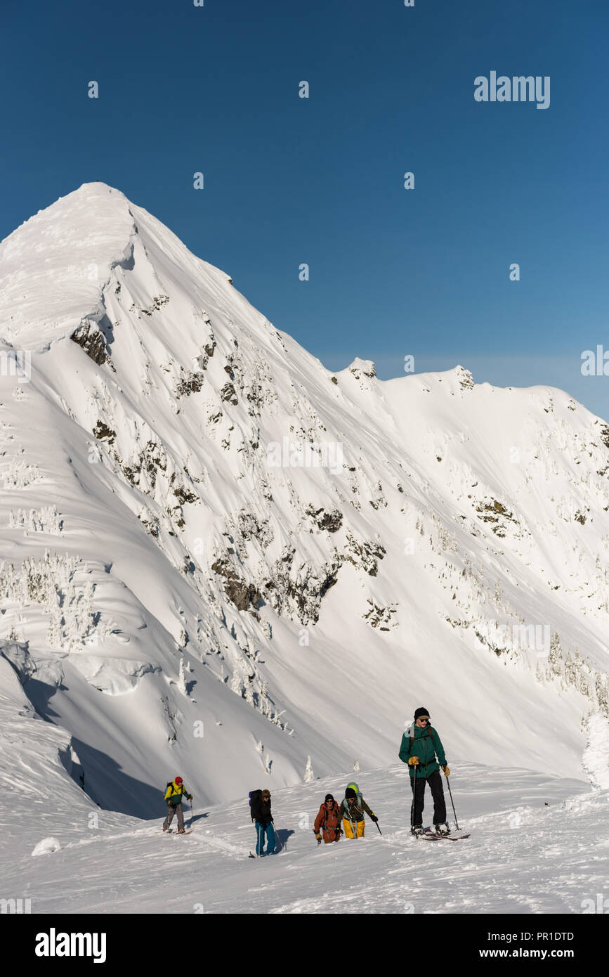 Group of skiers walking on a snowy mountain Stock Photo - Alamy