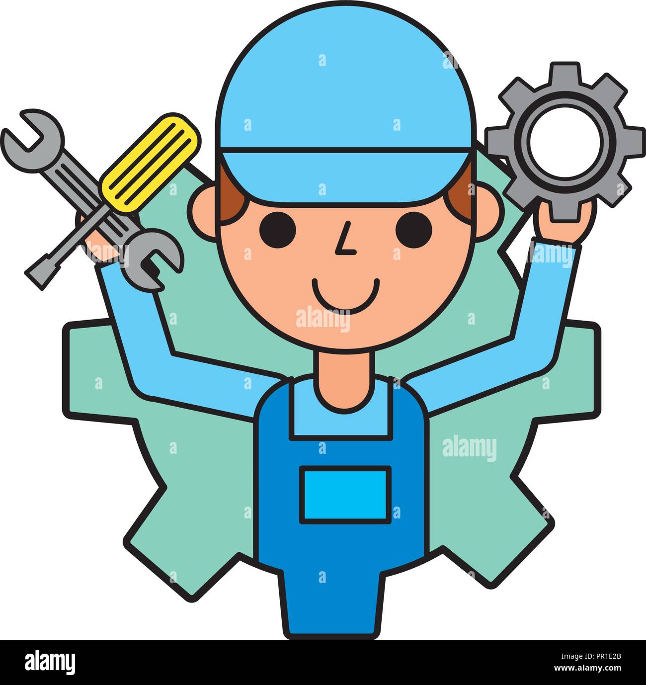 worker man holding gear and tools automotive service vector ...