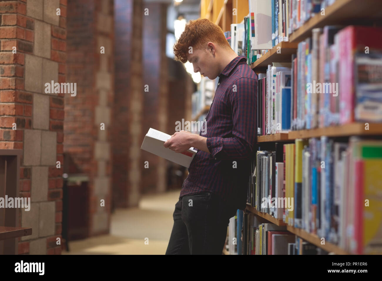 College student reading a book in library Stock Photo - Alamy