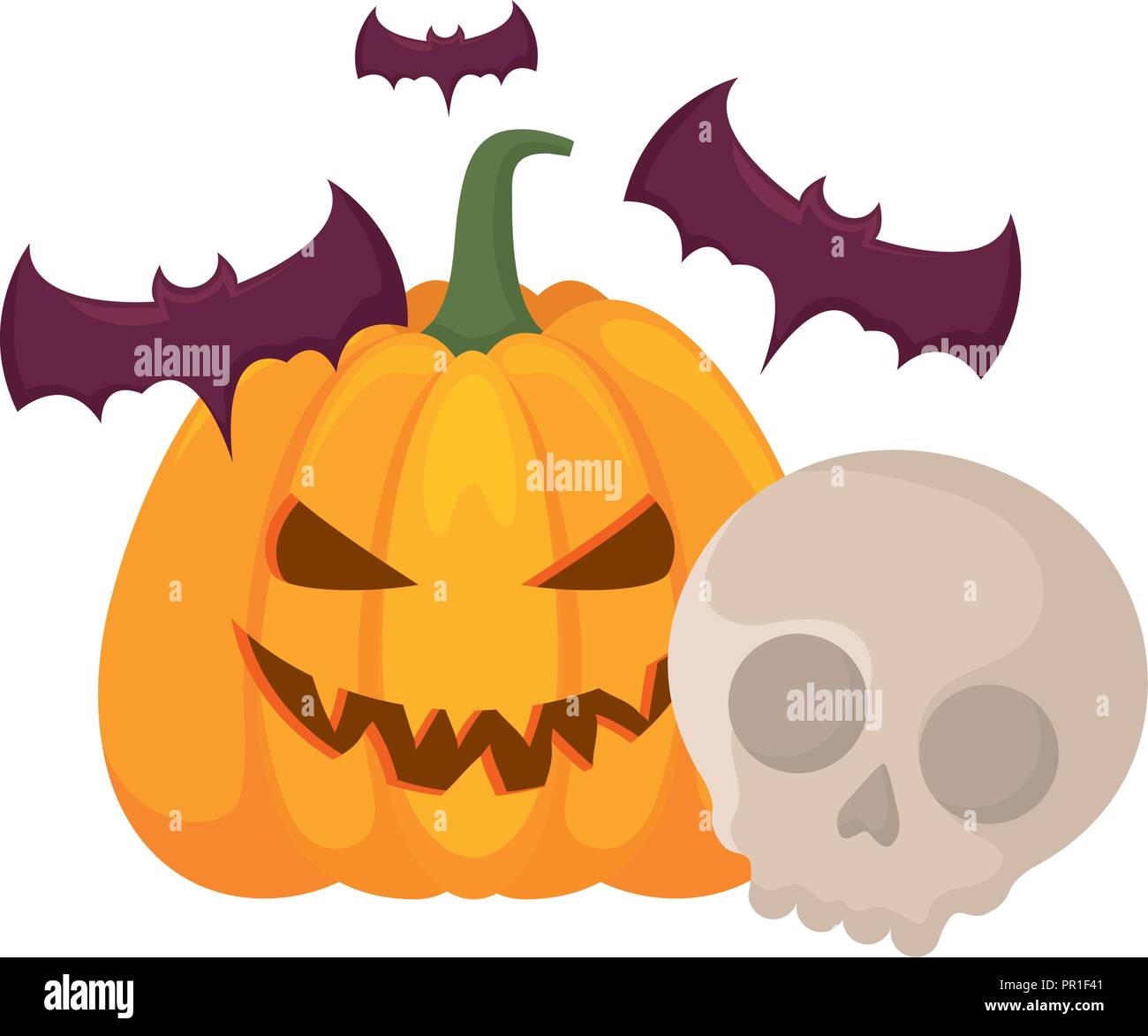 halloween pumpkin and bats around over white background, vector ...