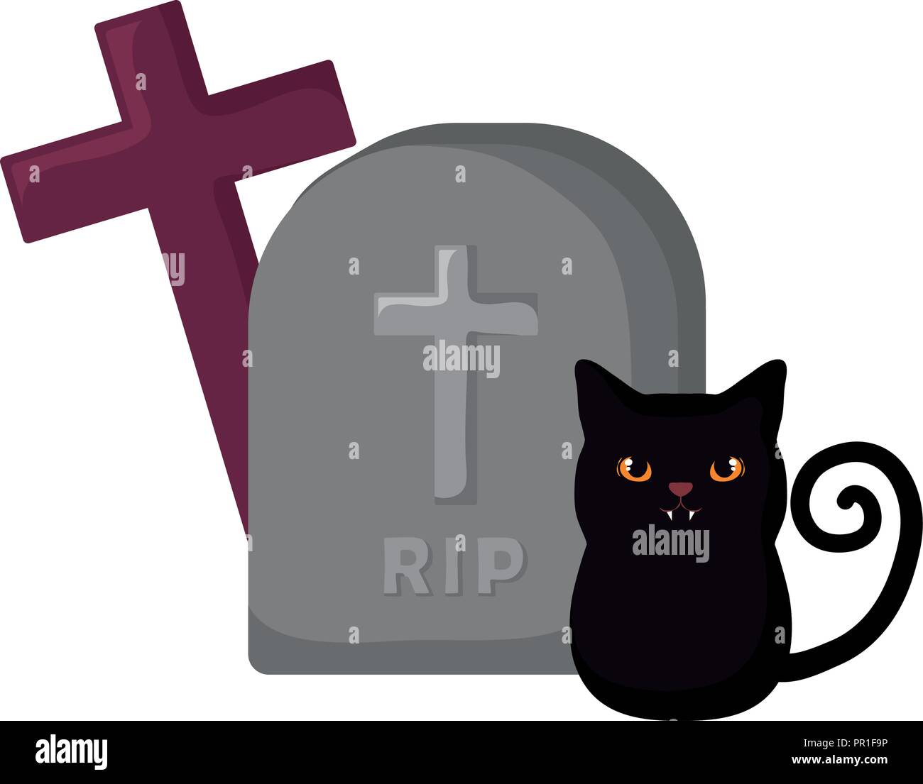 tombstone with cross and black cat icon over white background, vector ...