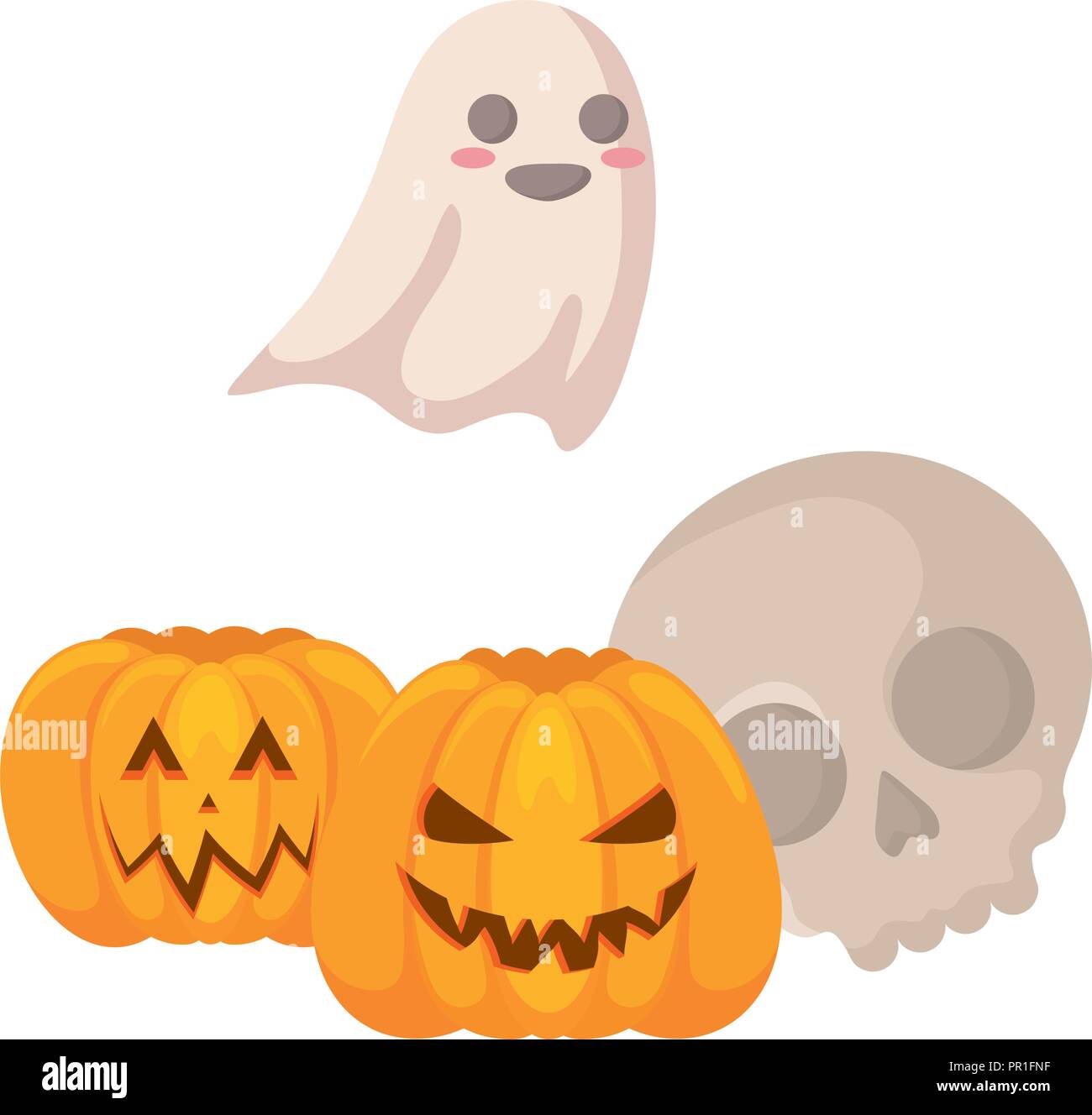 skull with ghost and halloween pumpkins over white background, vector ...