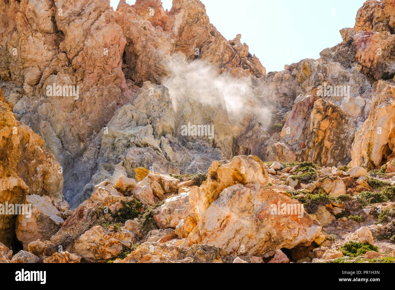 Fumarole in Milos. Sulfuric warm gas came out from the old vulcano on ...