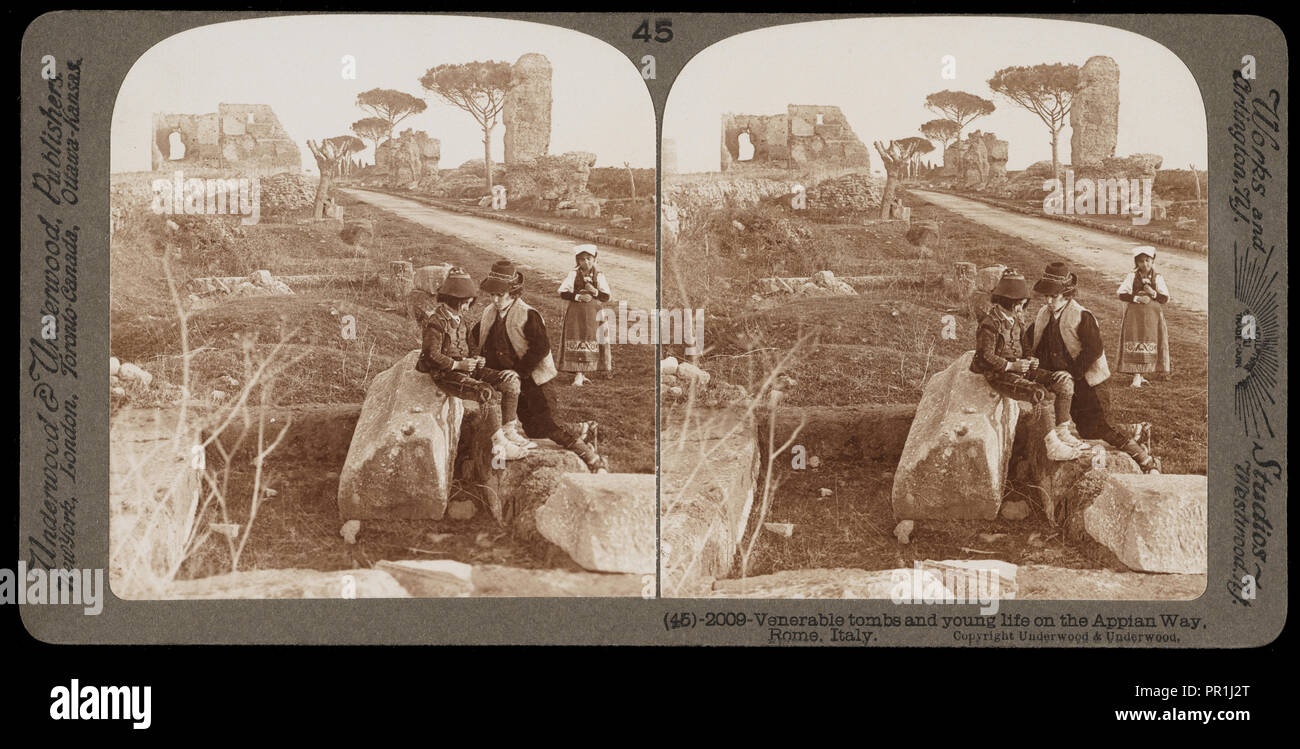 Venerable tombs and young life on the Appian Way, Stereographic views ...