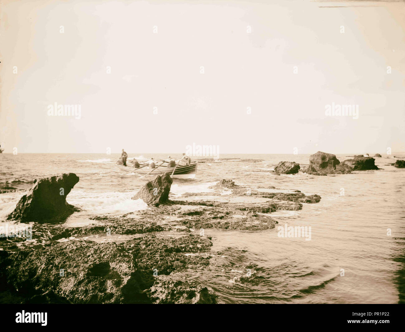 Jaffa (Joppa) and environs. Boat going through the rocks. 1898, Israel ...