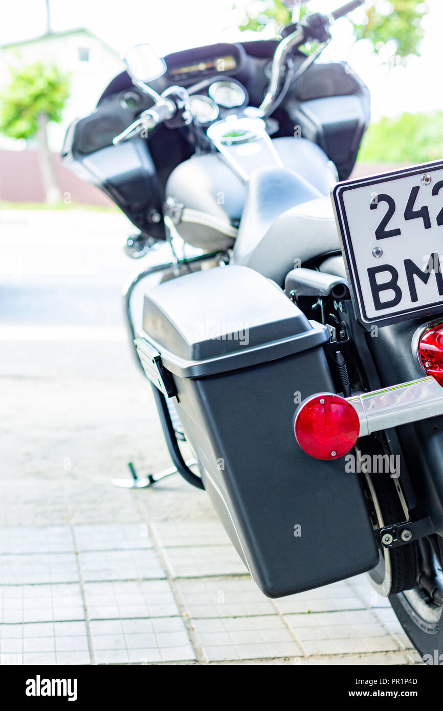 Vintage motorcycle parking on the road. Side view, close up Stock Photo ...