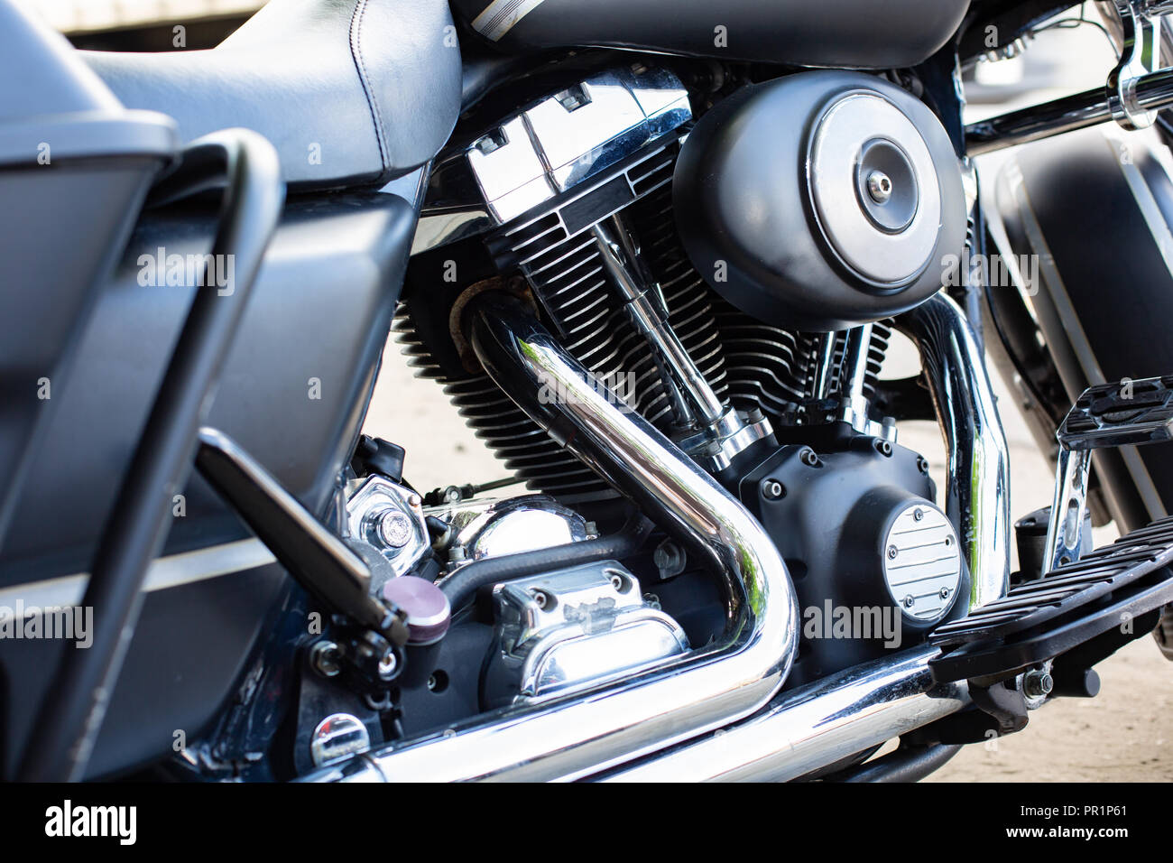 Engine close up shot of beautiful and custom made motorcycle Stock ...