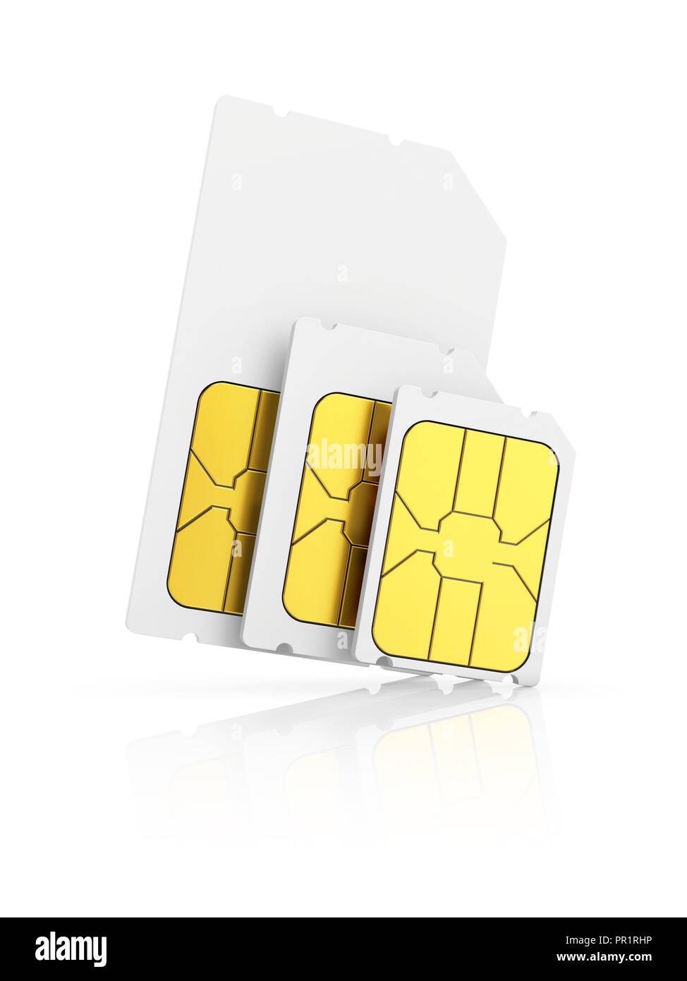 Three SIM card sizes. Illustration of a Mini-SIM, a Micro-SIM, and a ...
