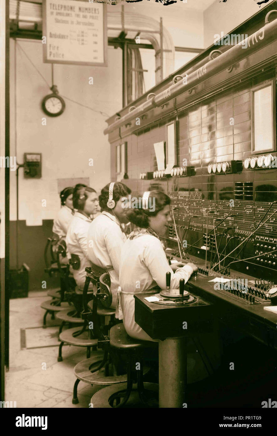 4 women at telephone switchboard. 1898, Middle East, Israel and/or ...
