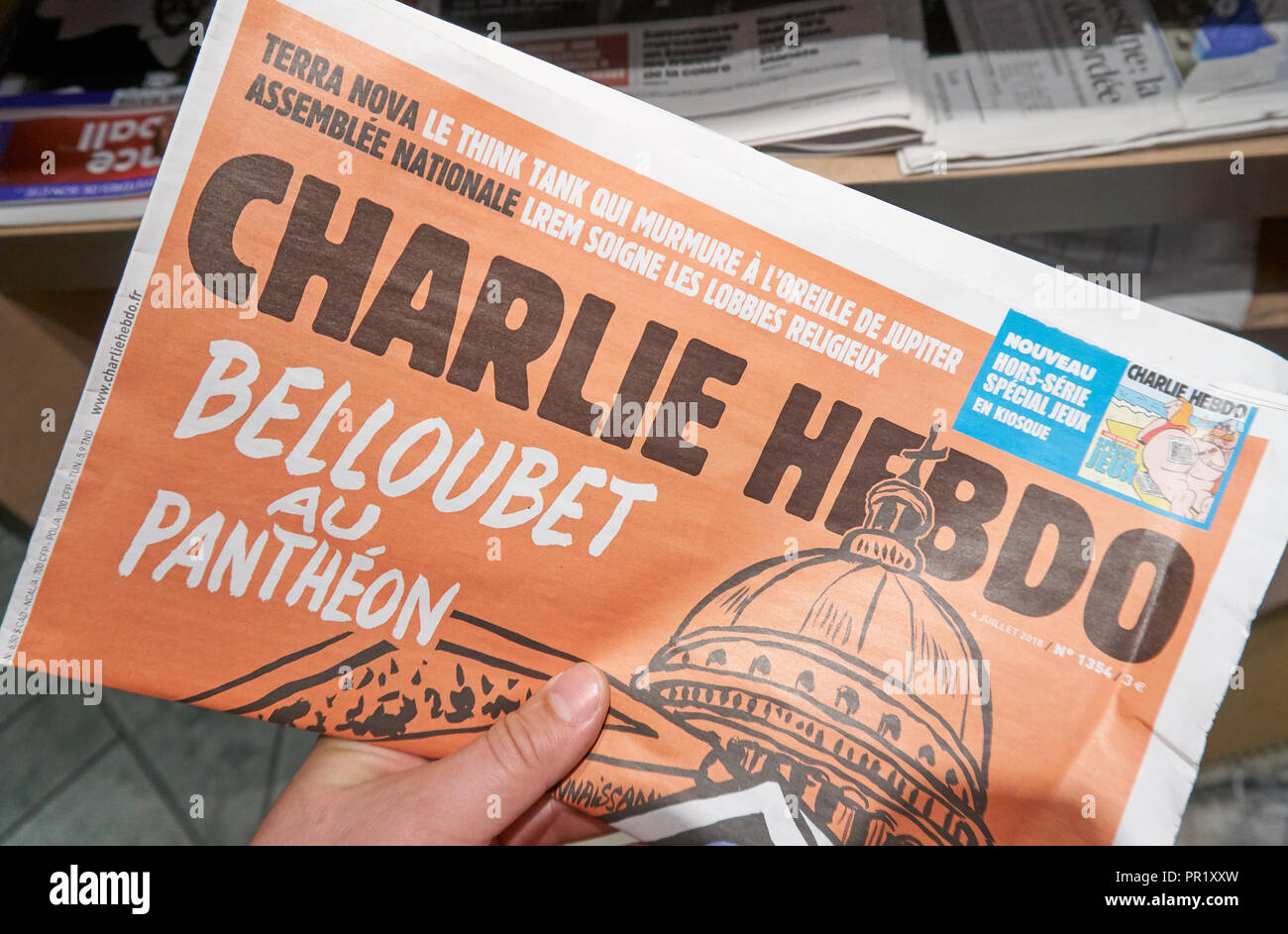 MONTREAL, CANADA - SEPTEMBER 14, 2018: Charlie Hebdo newspaper in a ...