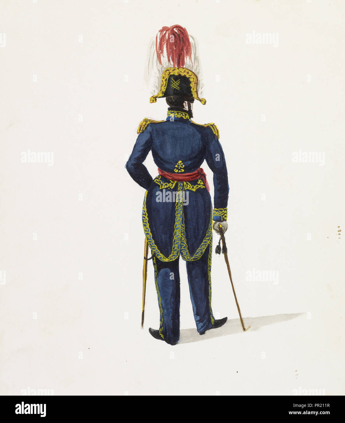 View of soldier in blue uniform from behind, Costumes of Lima, Peru ...