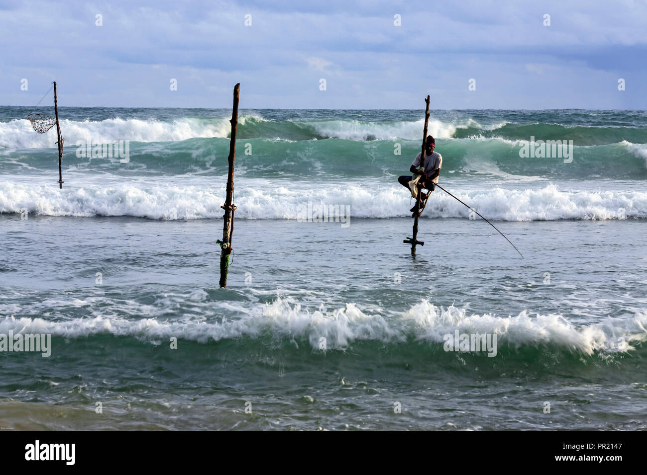 Sri Lanka stick fisherman catching fish in Koggala, Sri Lanka Stock ...