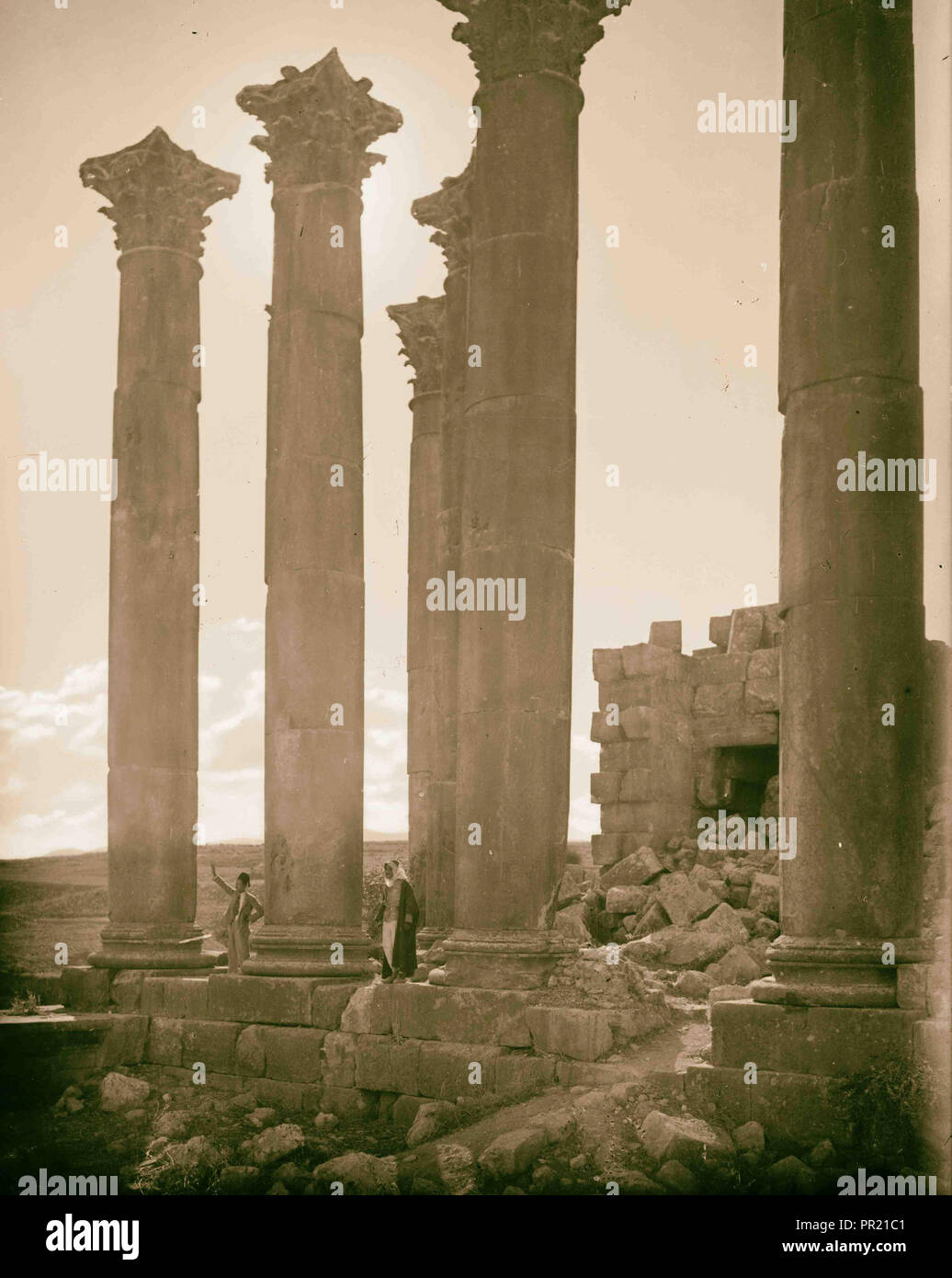 Ruins of Jerash (Gerasa). Pillars of Artemis. An evening silhouette ...