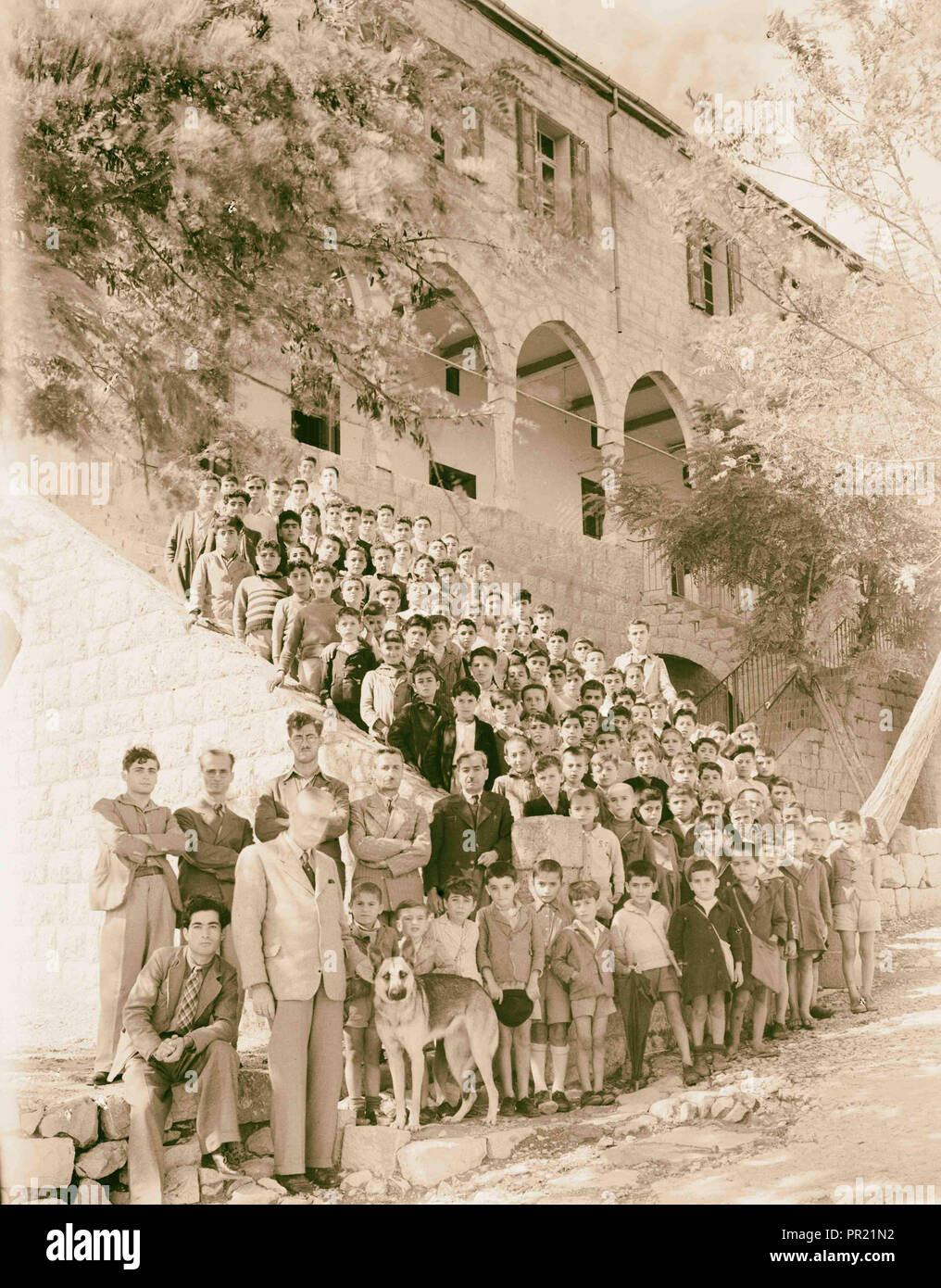 Mr. Oliver's school, Ras-el-Matn. School group on steps, taken from the ...