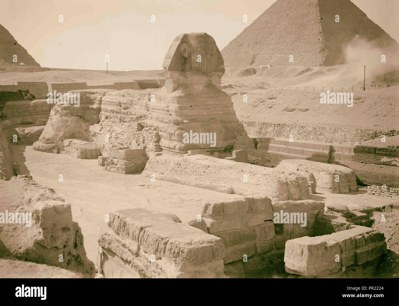 Egypt. Sphinx & pyramids. The Sphinx (3/4 face) & the three pyramids ...