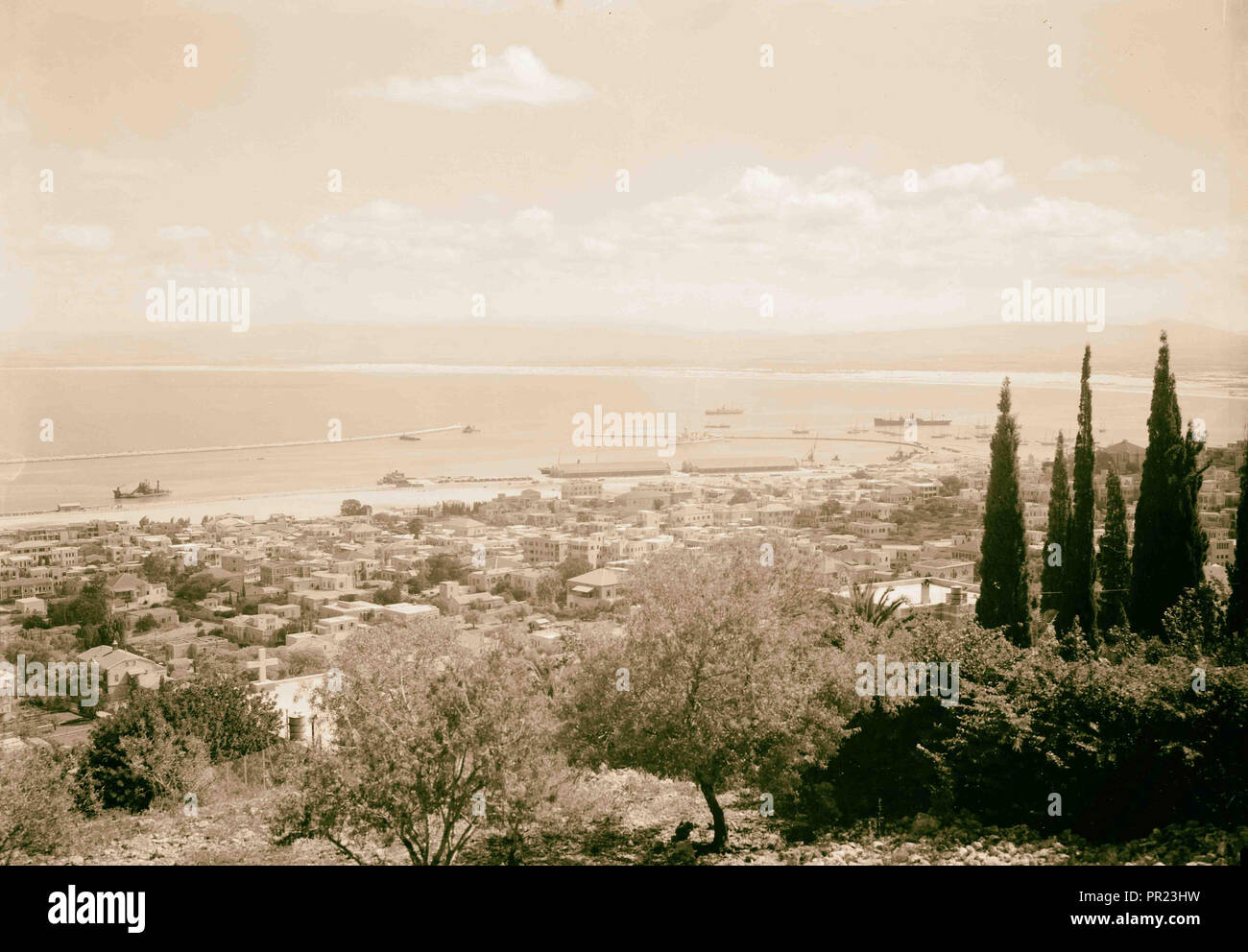 Haifa from Carmel before harbour complete. 1940, Israel, Haifa Stock ...