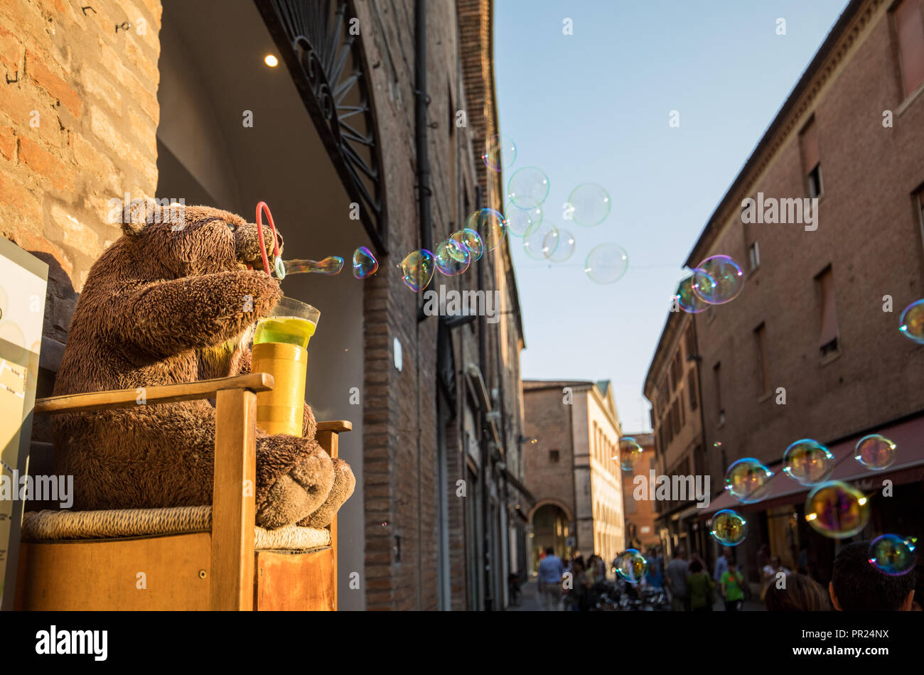 Ferrara, Italy - June 10, 2017: The teddy bear in Ferrara blowing ...