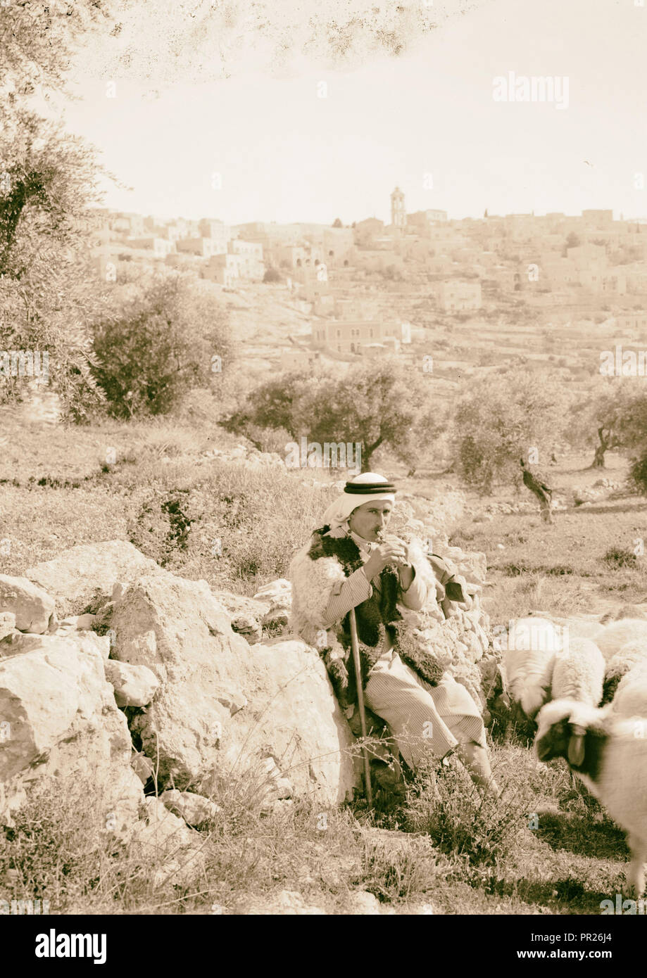 Shepherd playing pipes outside Bethlehem. 1898, West Bank, Bethlehem ...