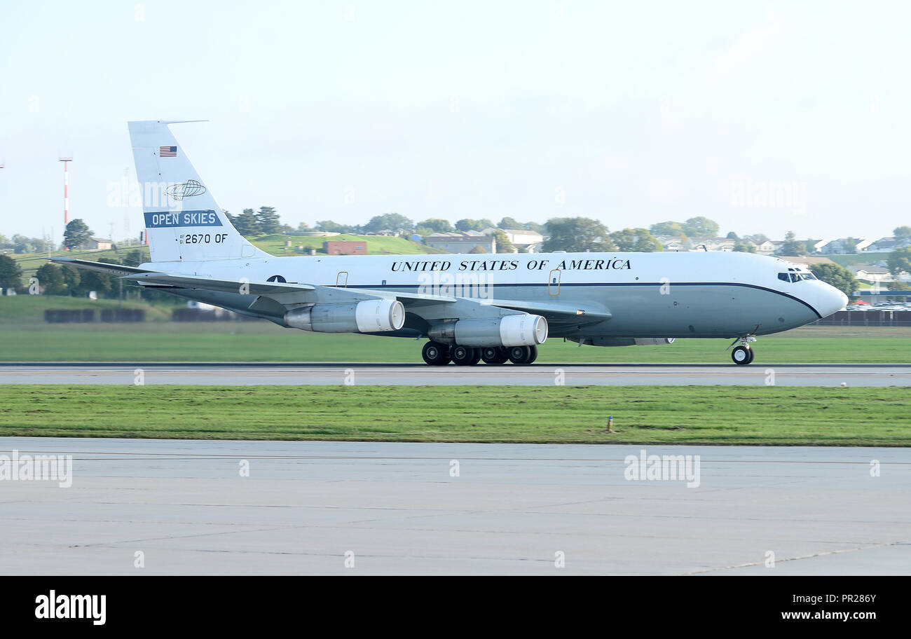 An OC-135 Open Skies aircraft prepares to take off Sept. 14, 2018, from ...