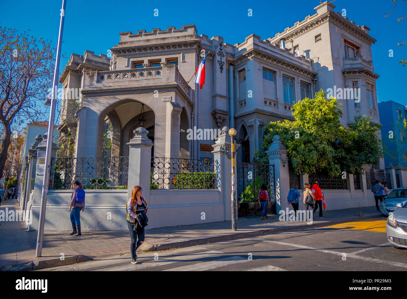 SANTIAGO, CHILE - SEPTEMBER 13, 2018: Outdoor view of colonial stoned ...