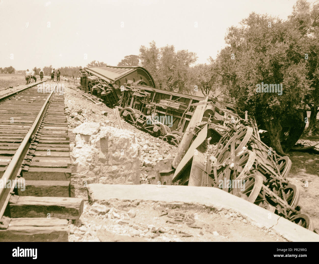 Palestine disturbances during summer 1936. Derailed train at Kefr ...