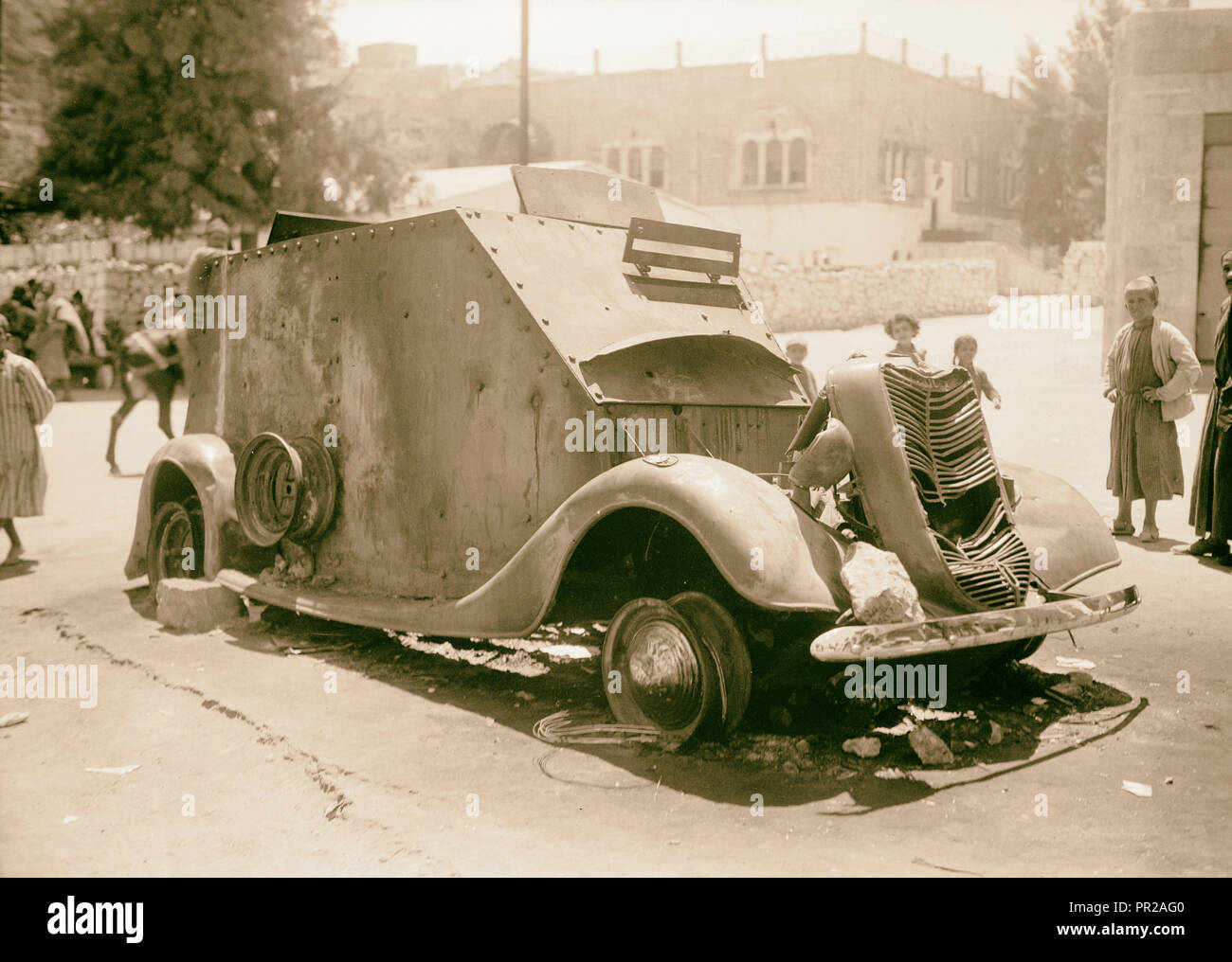 Hebron attack, August, 19, 1938. Closer view of armoured car wrecked ...